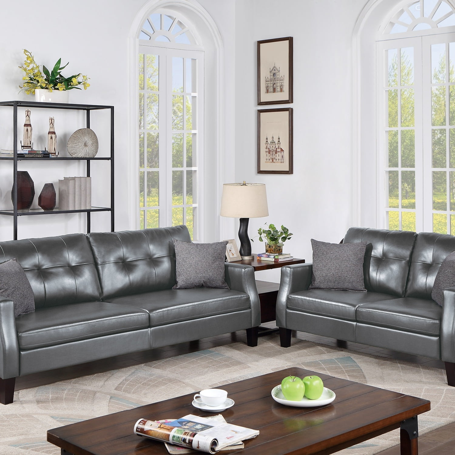Contemporary Living Room Furniture 2-Pcs Sofa Set Grey Gel Leatherette ...