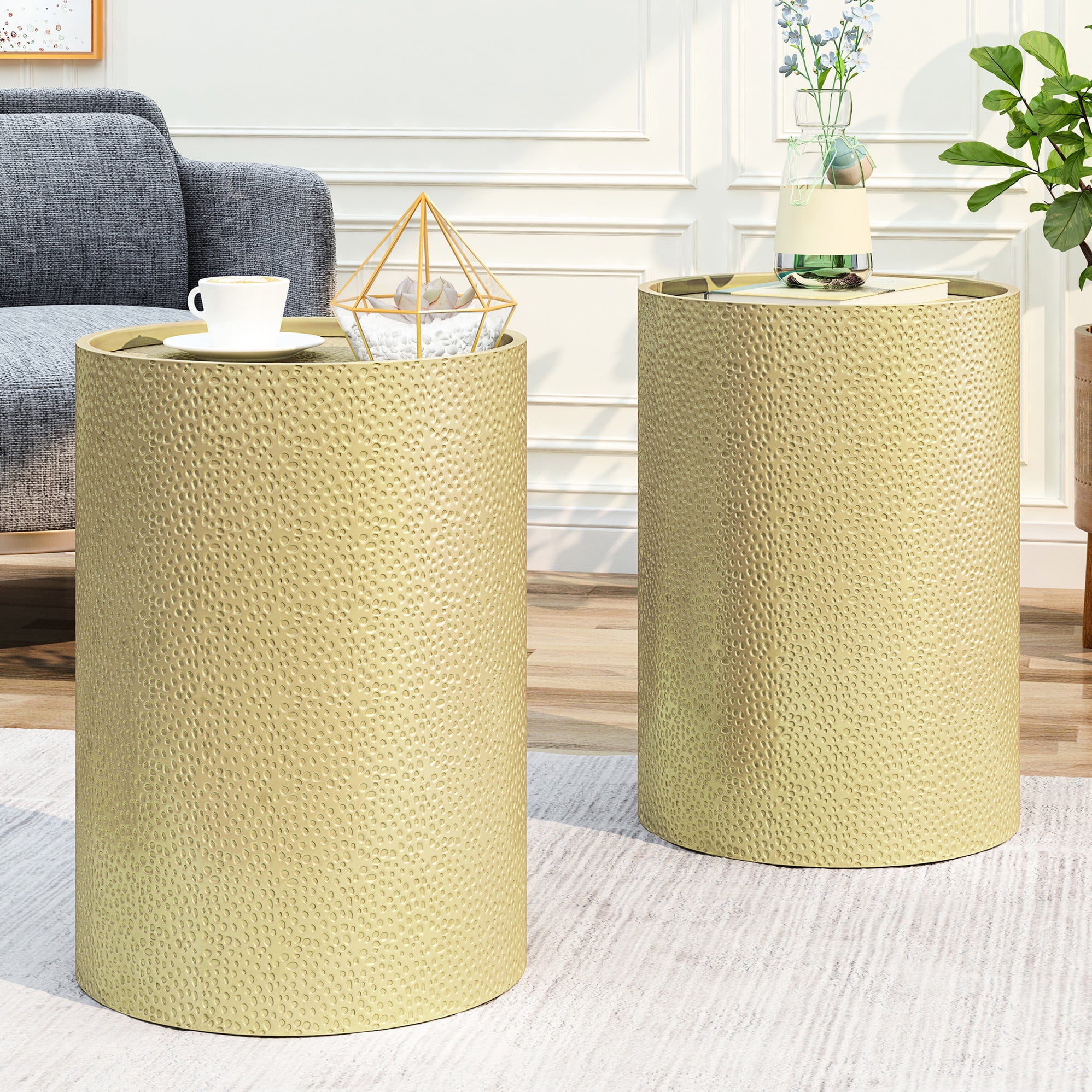 Contemporary Metal Side Table Pair - Hammered Texture, Iron, Golden ...