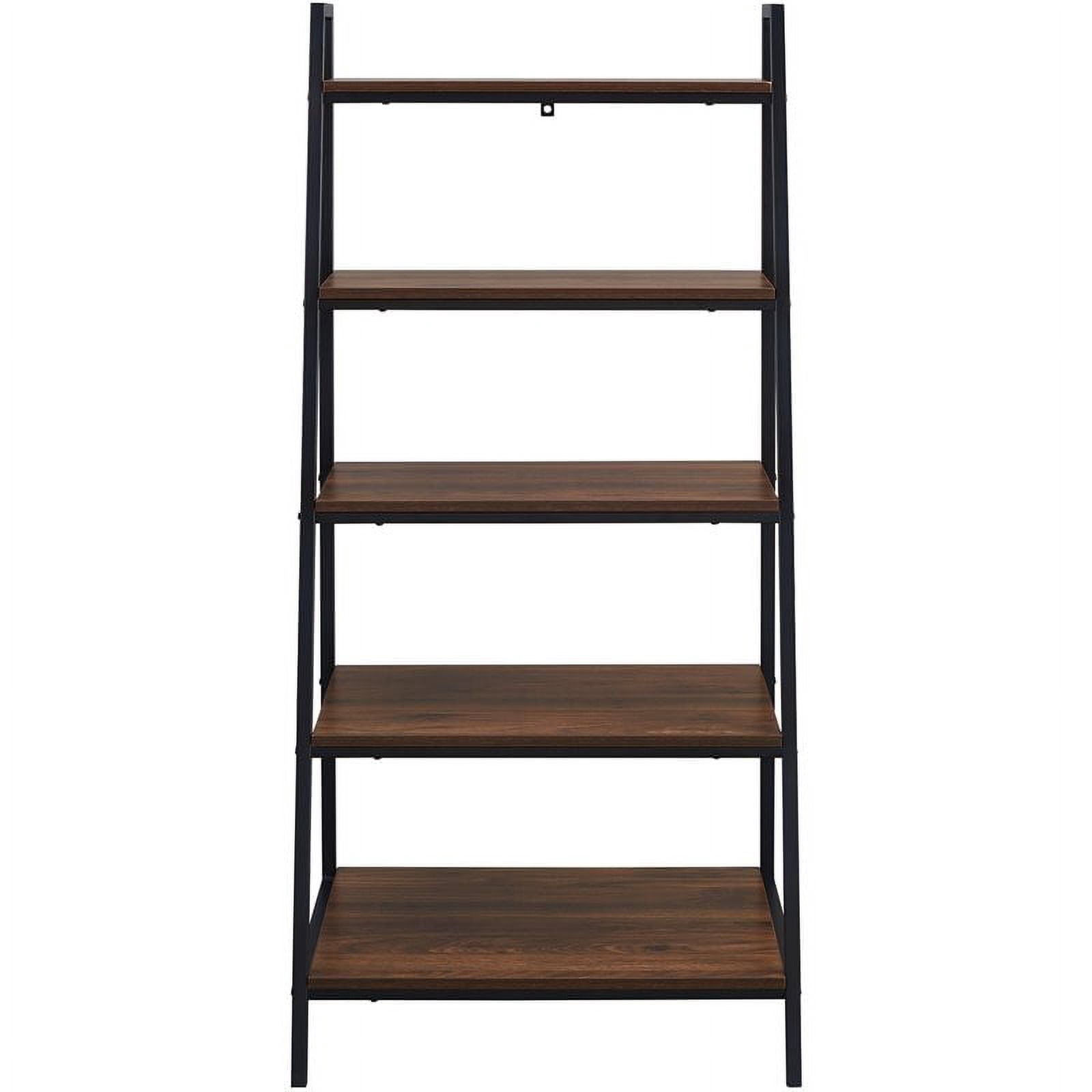 Contemporary Metal and Wood 5-Shelf Ladder Bookcase in Dark Walnut ...
