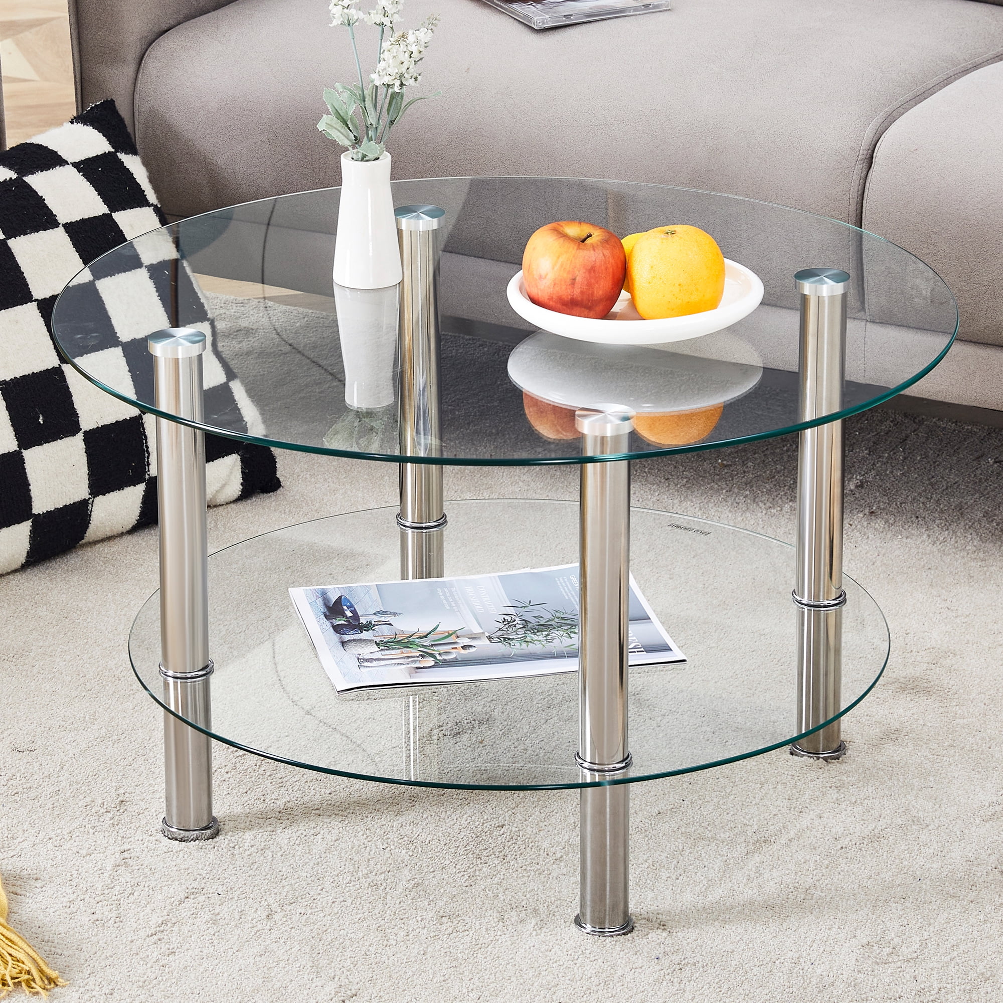 Contemporary Minimalist Double Layer Tempered Glass Coffee Table - 27.5 ...