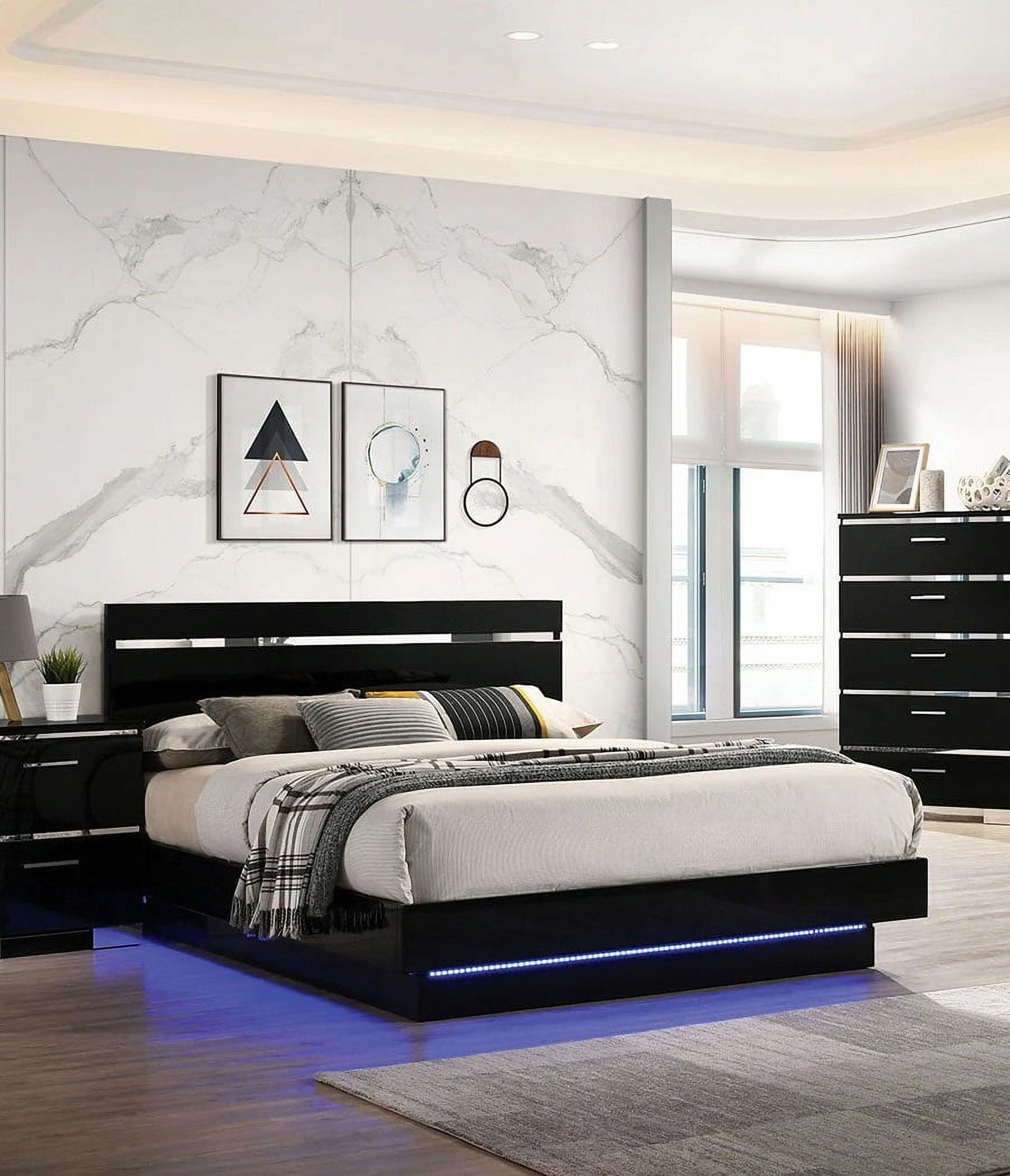 Contemporary Modern Queen Size Bed 2x Nightstands 3pc Set Chrome Handle ...