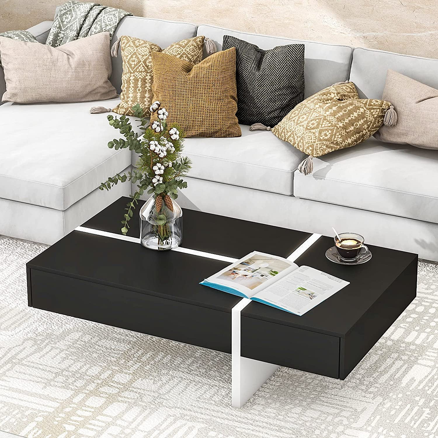 Contemporary Modern Rectangle Black Coffee Table with Drawer, Modern ...