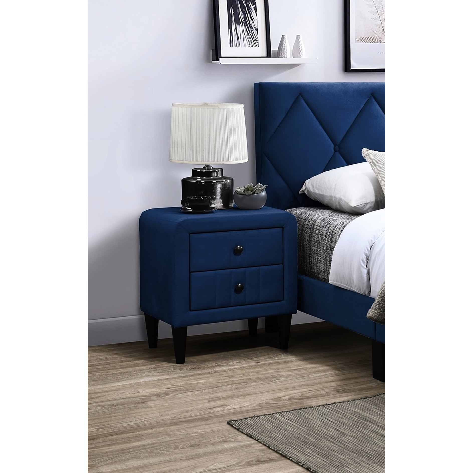 Contemporary Navy Blue Velvet Nightstand With 2 Drawer Storage ...