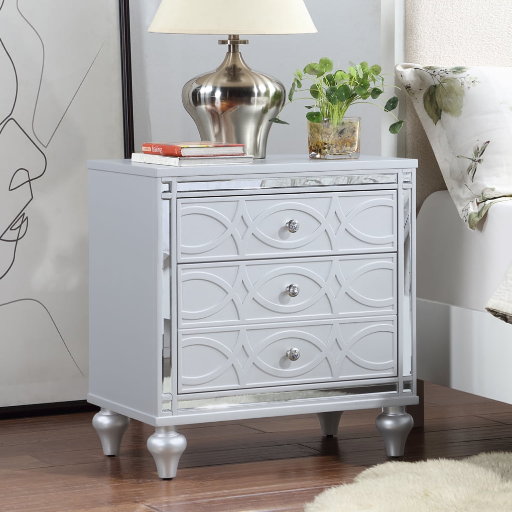 Contemporary Nightstands with Mirrored Frame Trim, Bedside Table with 2 ...