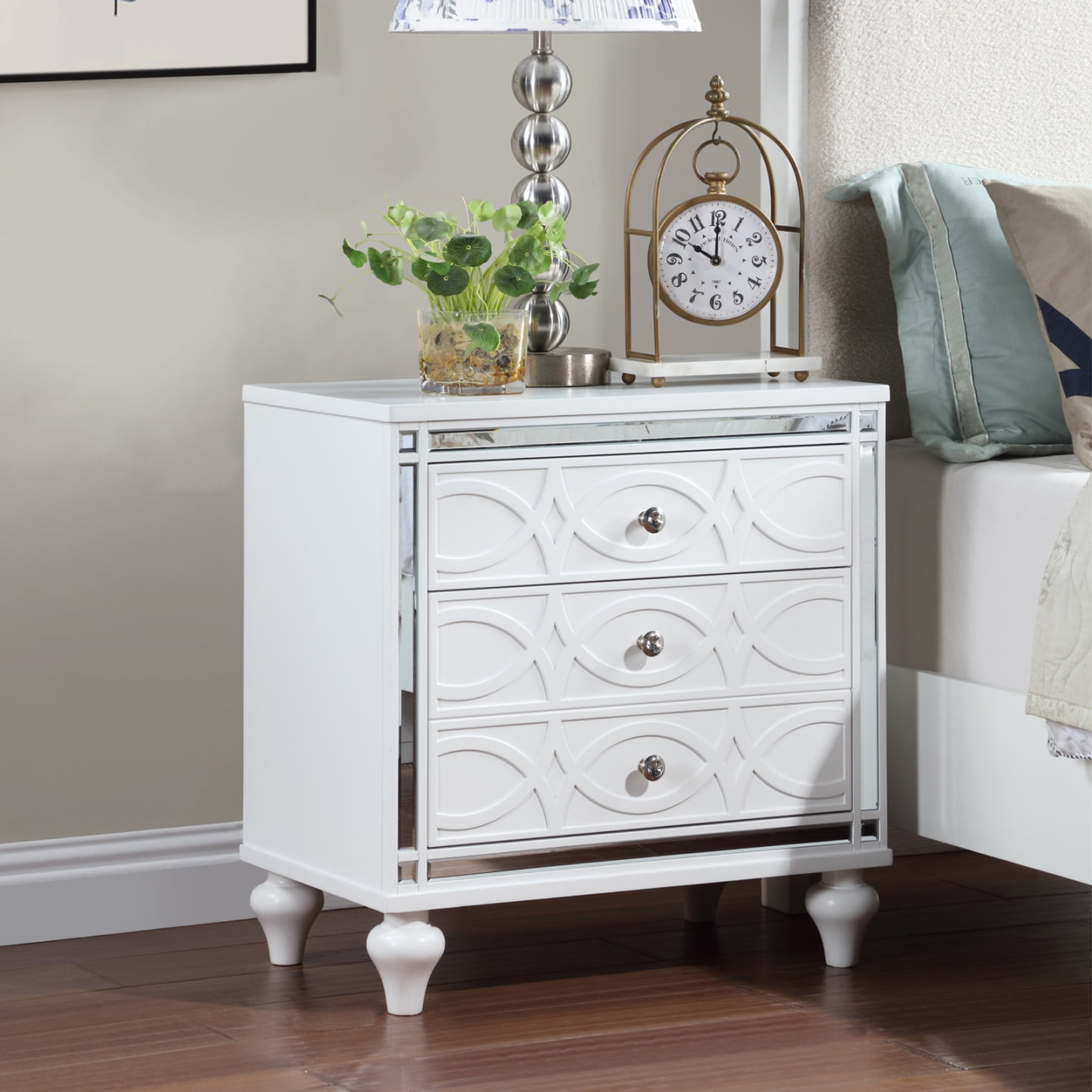 Contemporary Nightstands with Mirrored Frame Trim, Bedside Table with 2 ...