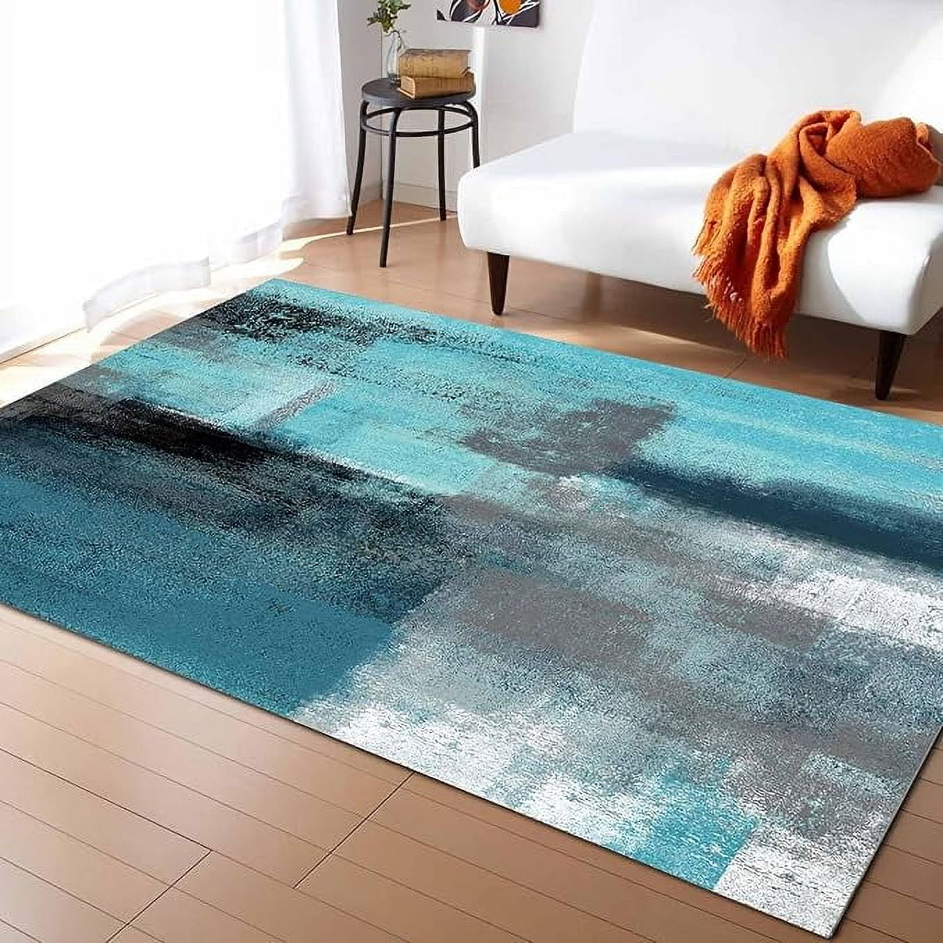 Contemporary Non-Slip Area Rug Turquoise And Grey Abstract Art Painting ...