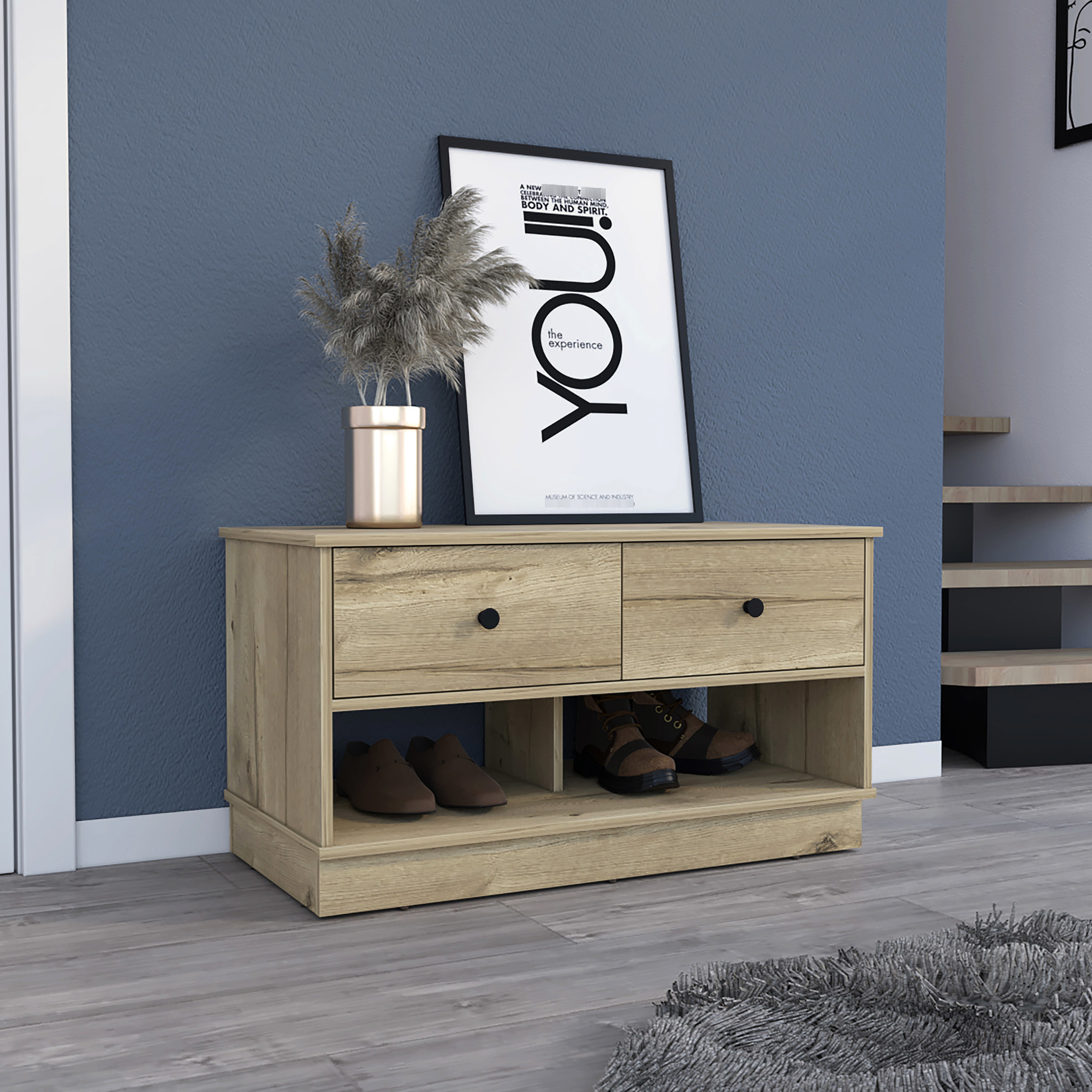 Contemporary Oak Storage Bench With Two Functional Drawer Areas And ...