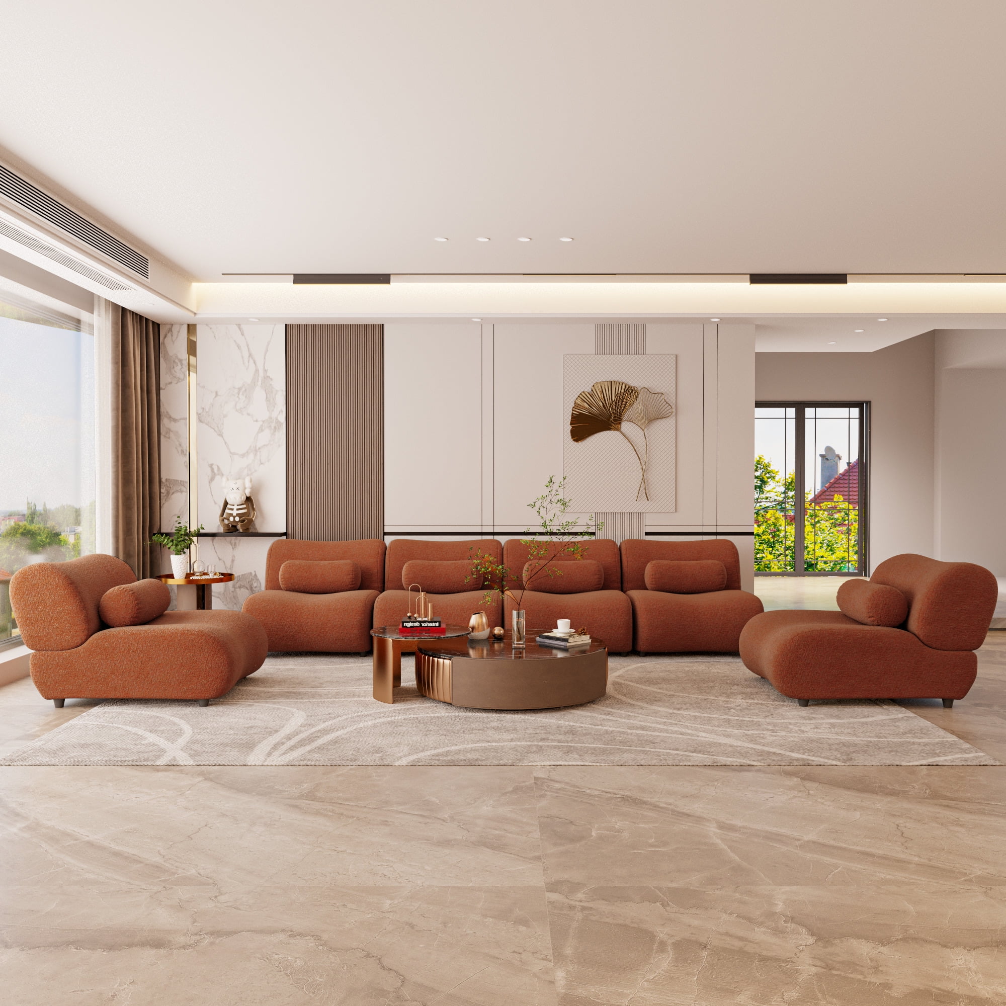 Contemporary Orange Chenille Modular Sofa Set 鈥?6-Piece Sectional Couch ...