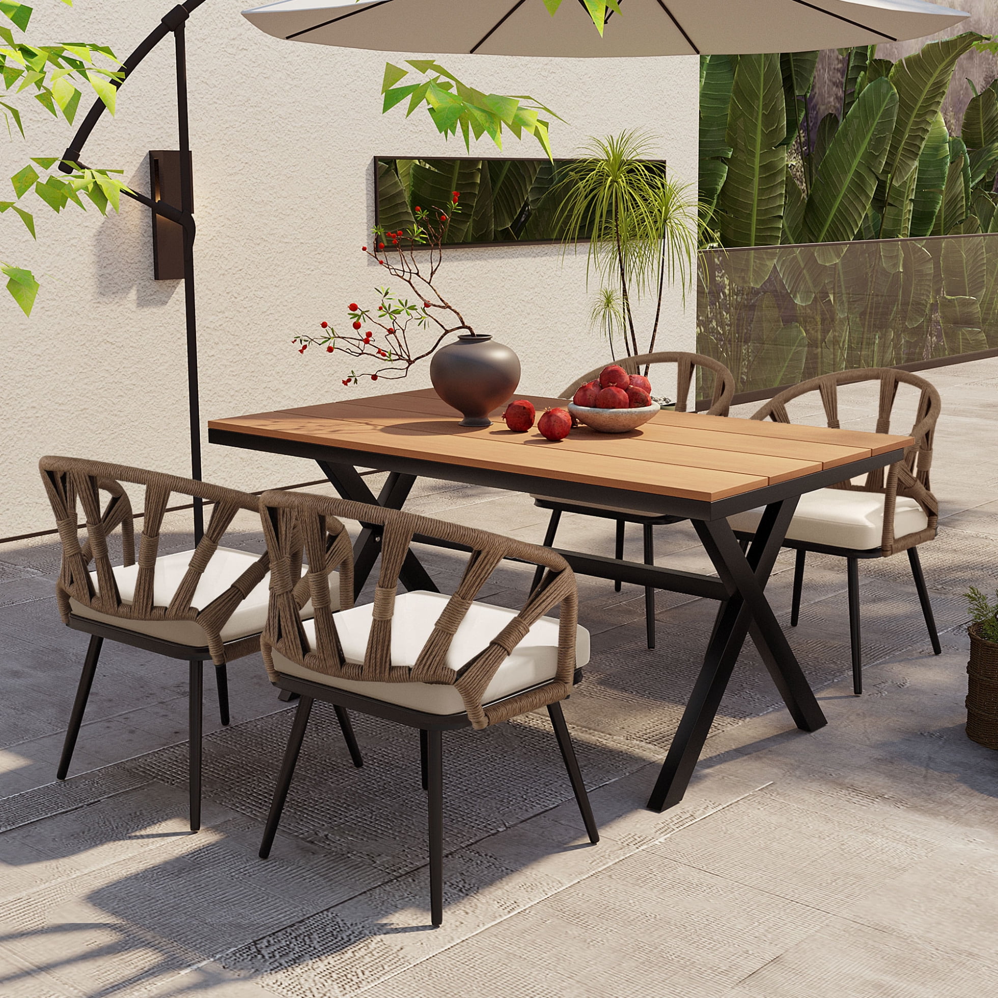 Contemporary Outdoor Set, 5 Piece Outdoor Dining Furniture Sets with PE ...