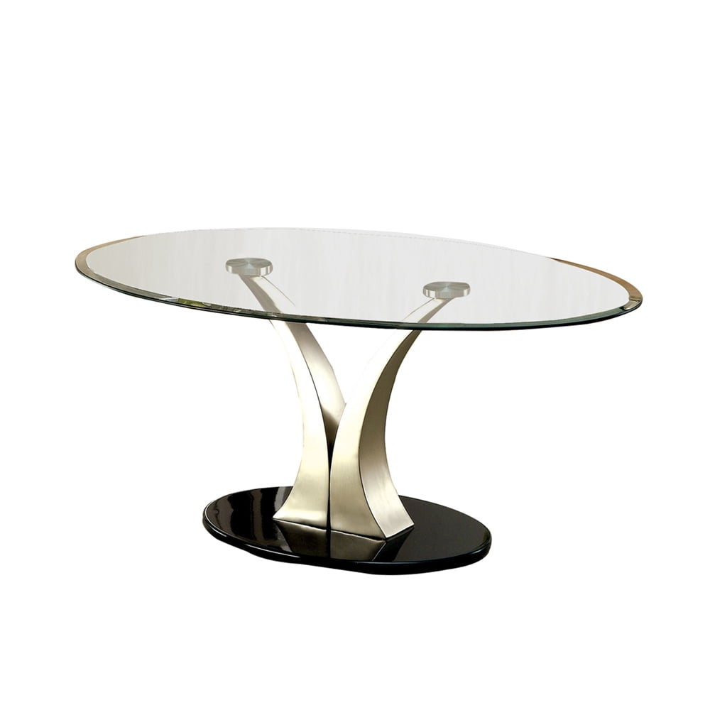 Contemporary Oval Glass Top Coffee Table with Flared Base, Silver and ...