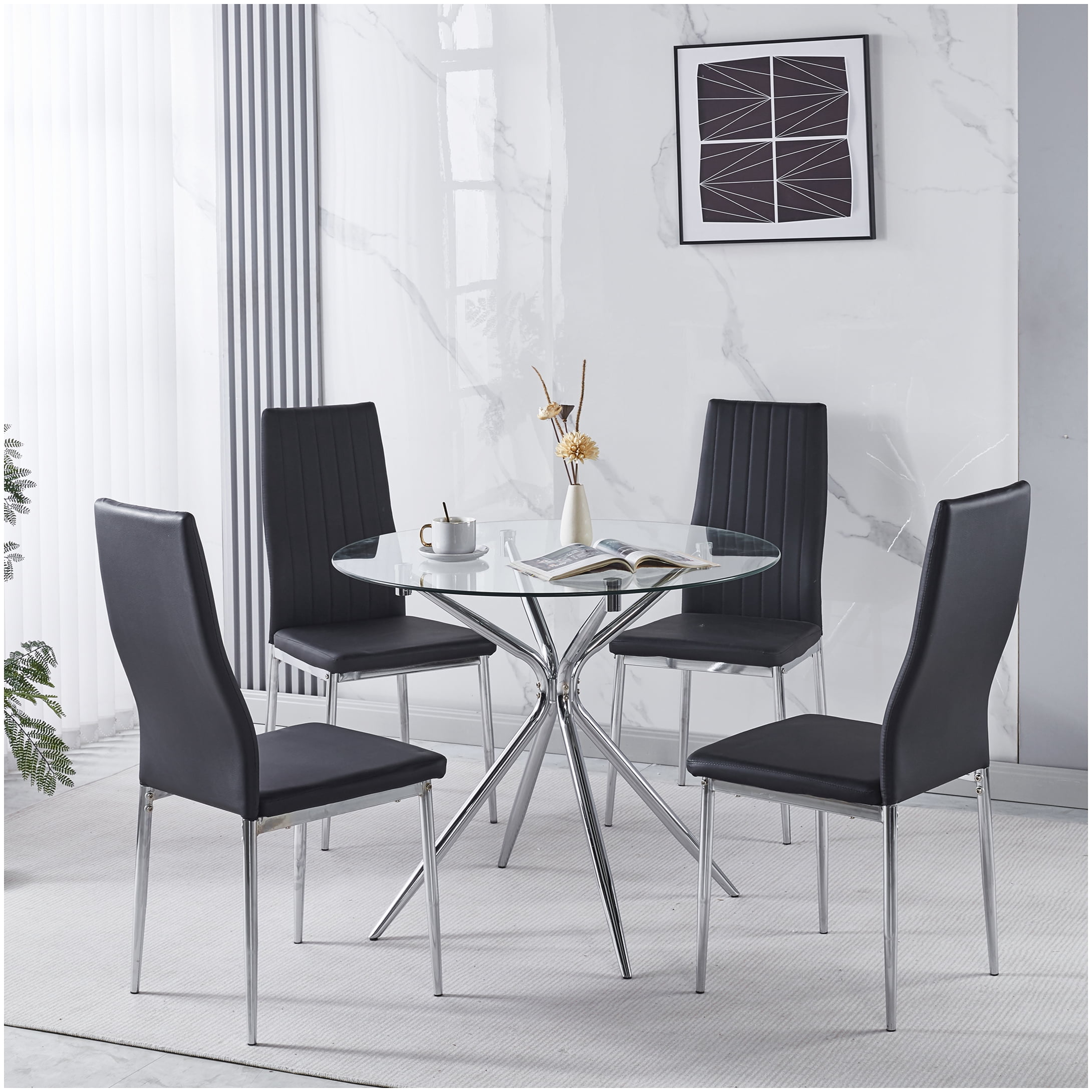 Contemporary Pedestal Dining Table Set, 5-Pc Glass Top Table and Chairs ...
