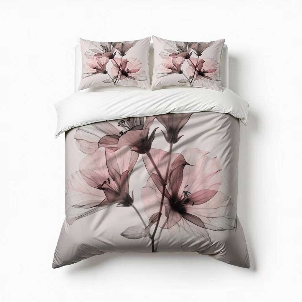 Contemporary Pink Flower Gray Bedding Set 3 Pcs Soft Microfiber Quilt ...