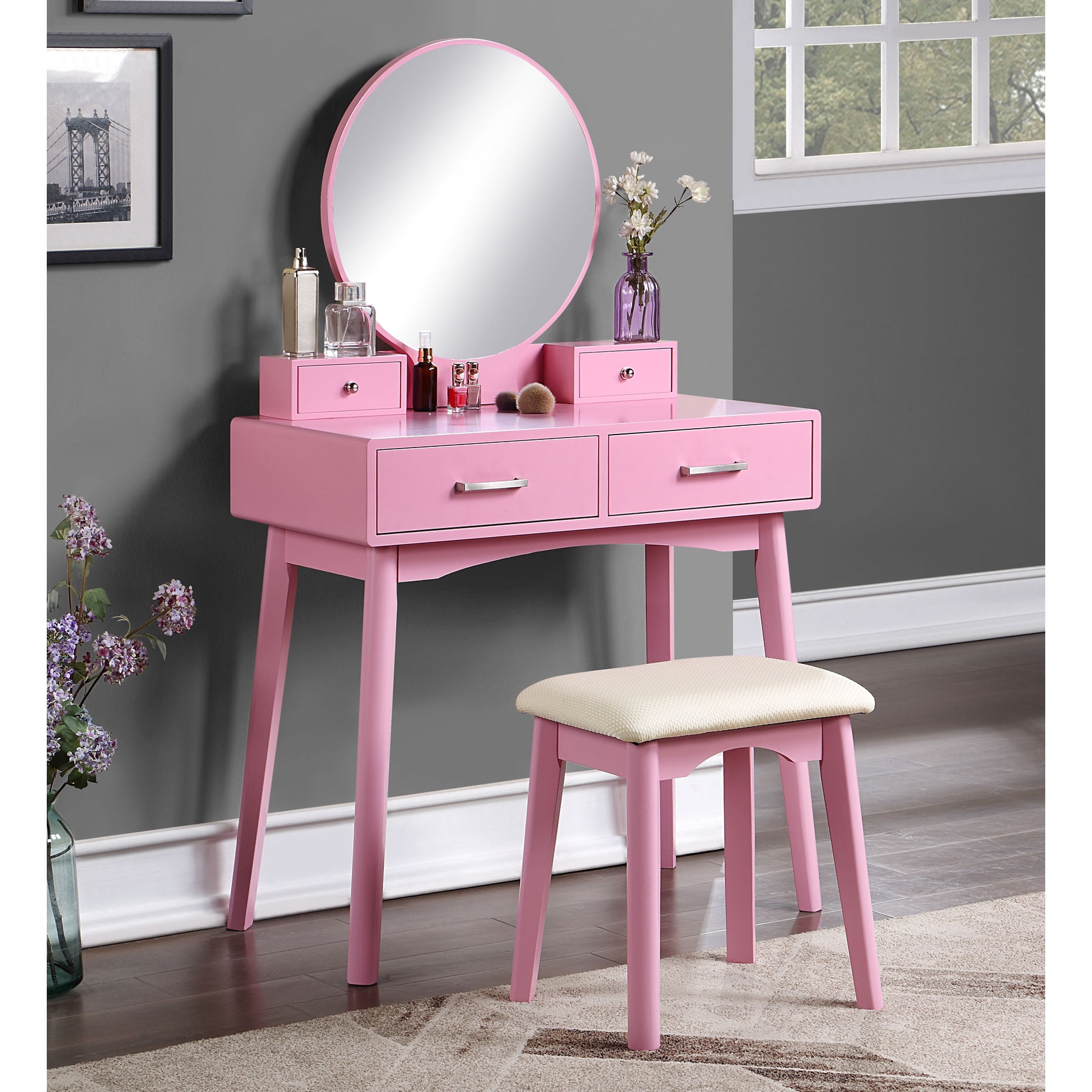 Contemporary Pink Wood Vanity and Stool for Personal Beauty Spaces at ...