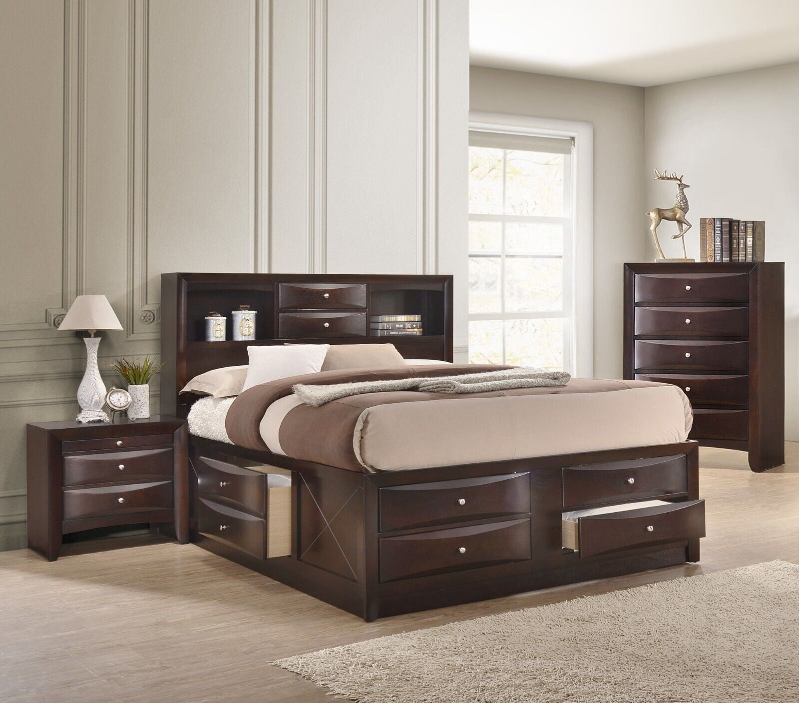 Contemporary Queen Size 3pc Bedroom Set Storage Bed Chest Nightstand Brown Cherry Finish Solid ...