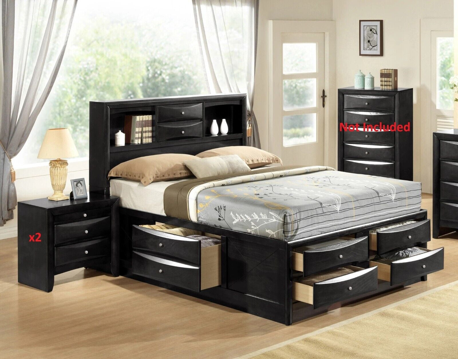 Contemporary Queen Size 3pc Bedroom Set Storage Drawers Bed and ...