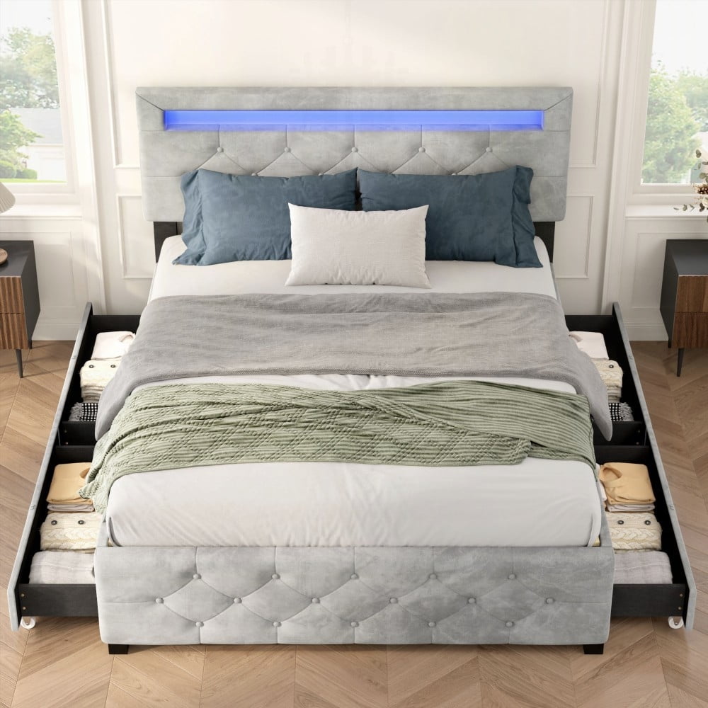 Contemporary Queen Size Bed Frame with Upholstered Velvet, 4 Drawers ...