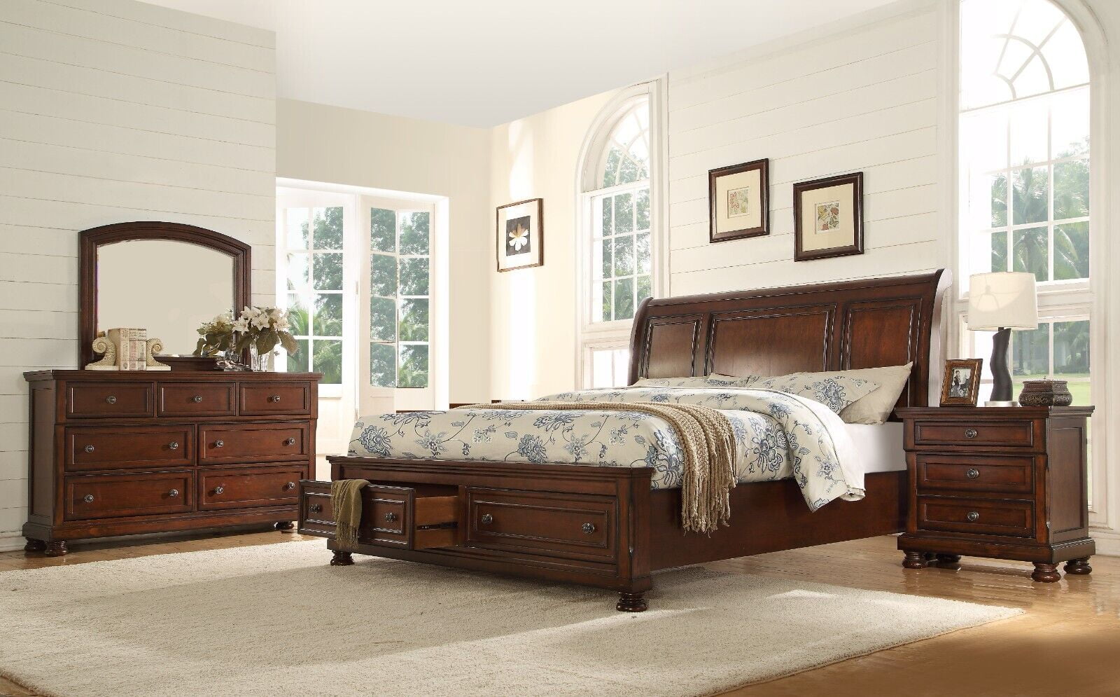 Contemporary Recessed 4pc Queen Size Bed Set Curve Headboard Brown ...