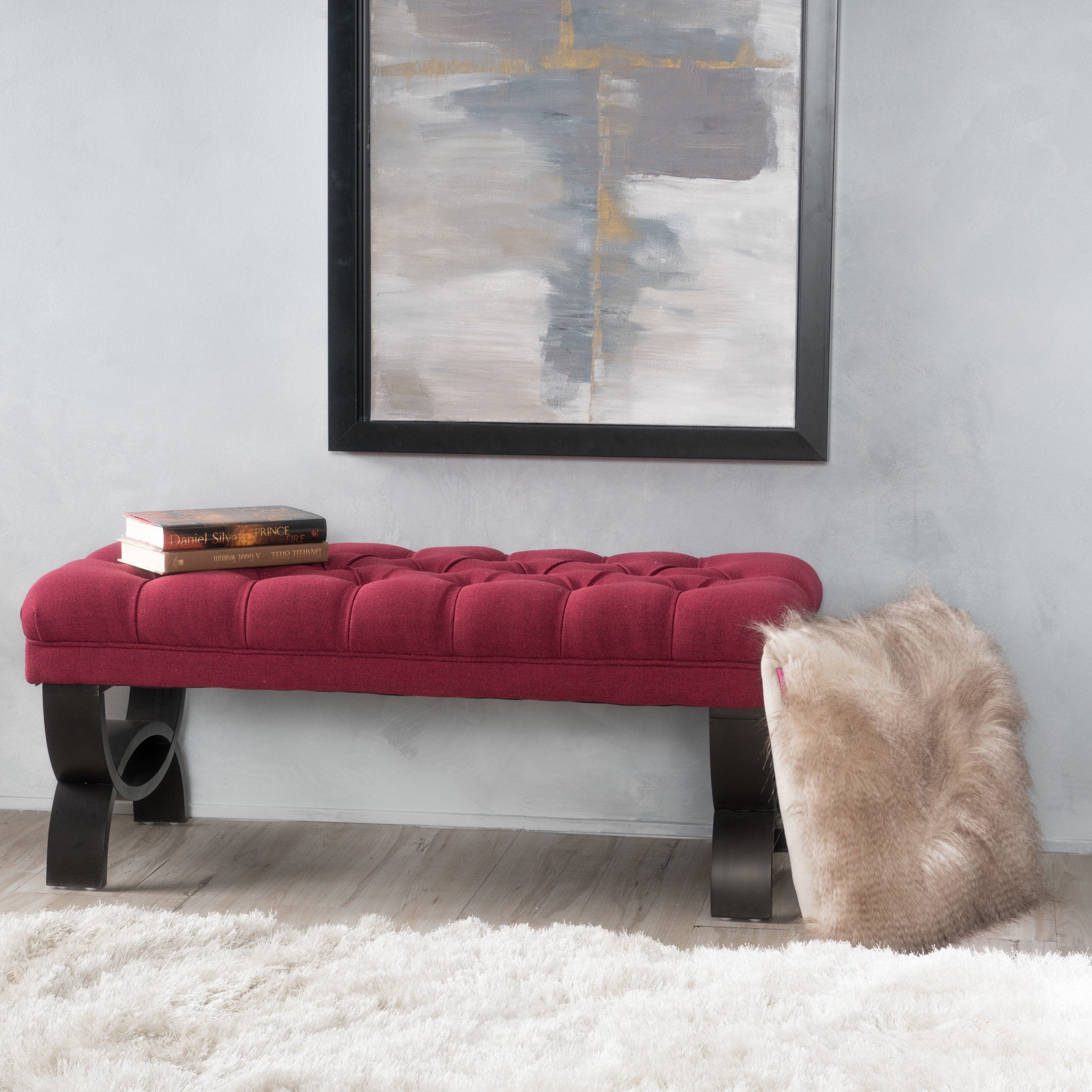 Contemporary Red Fabric Ottoman Bench 41 inches Plush Accents Button ...