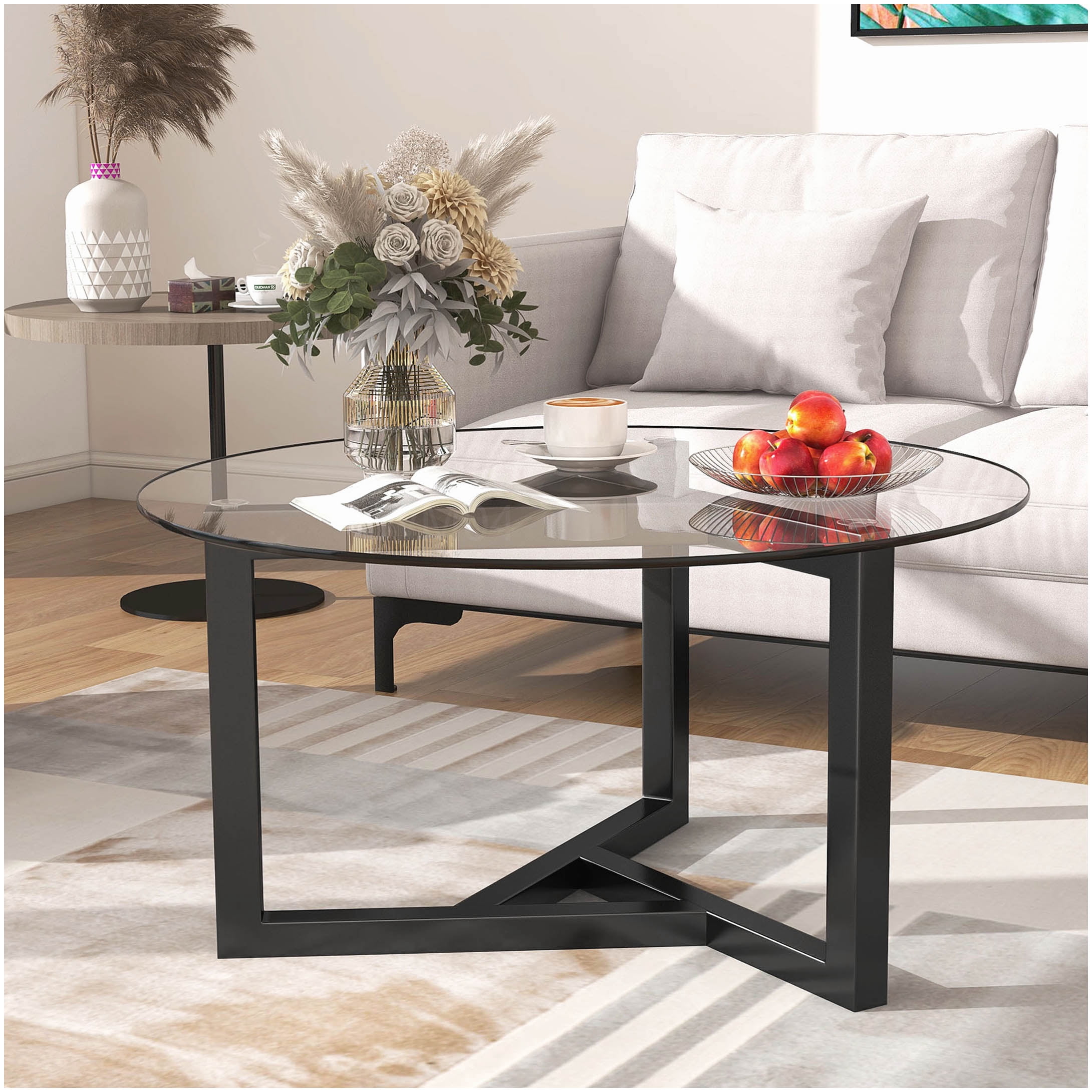 Contemporary Round Cocktail Table with 8mm Tempered Glass Top and ...