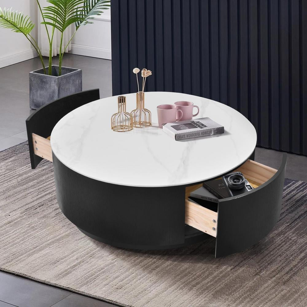 Contemporary Round Coffee Table with Sintered Stone Tabletop & Drum ...