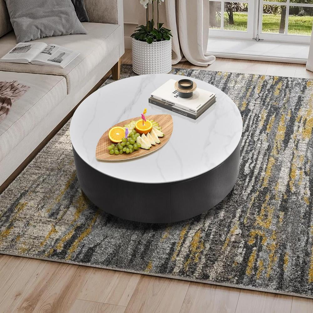 Contemporary Round Coffee Table with Sintered Stone Tabletop & Drum ...