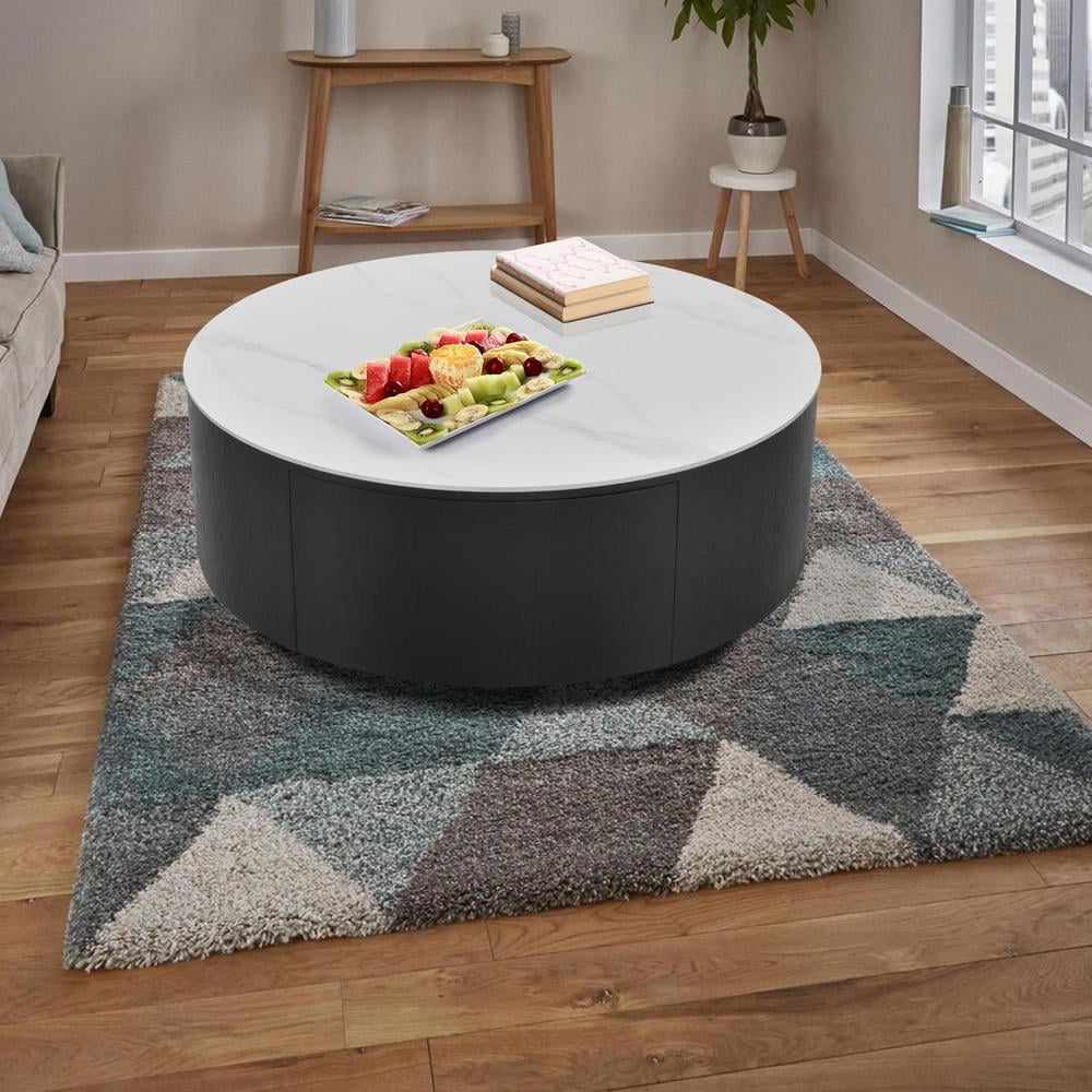 Contemporary Round Coffee Table with Sintered Stone Tabletop & Drum ...
