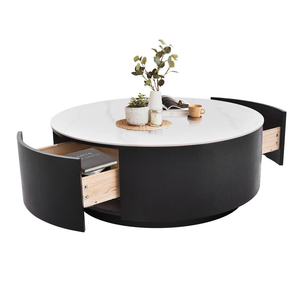 Contemporary Round Coffee Table with Sintered Stone Tabletop & Drum ...
