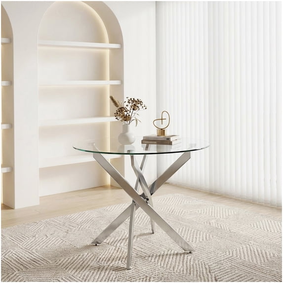Contemporary Round Dining Table with Clear Glass Top and Silver Metal ...