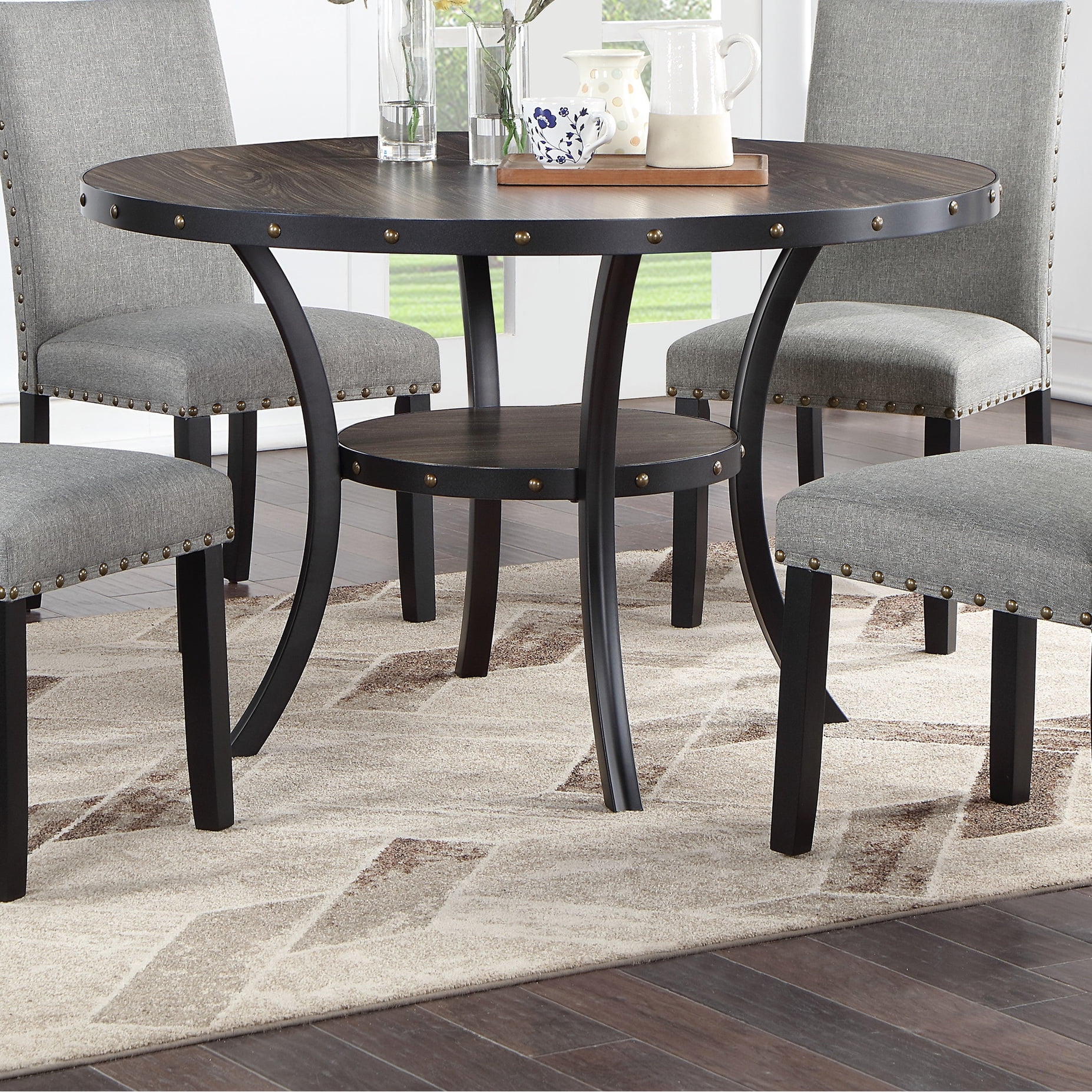 Contemporary Round Dining Table with Nailheads and Bottom Storage ...
