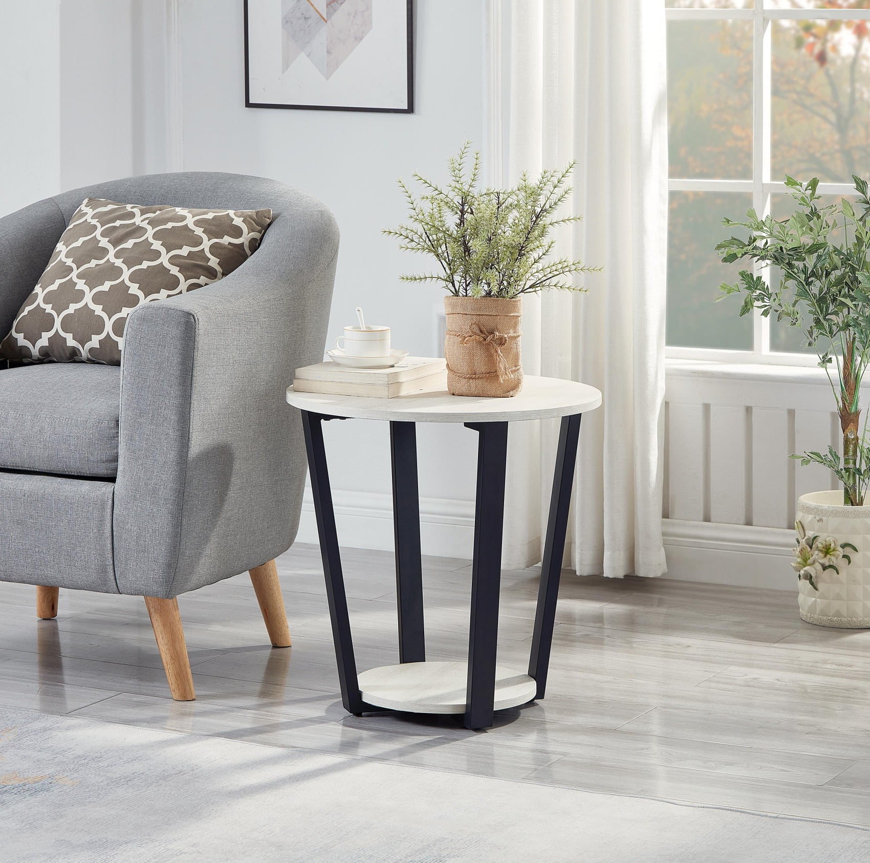 Contemporary Round End Table, Sofa Couch Table with Storage Shelf, 2 ...