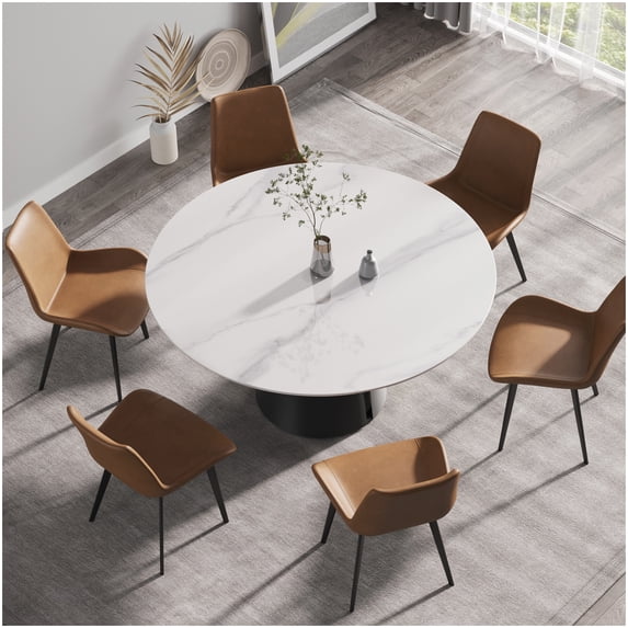Contemporary Round Pedestal Dining Table, White Stone Top Black Metal ...