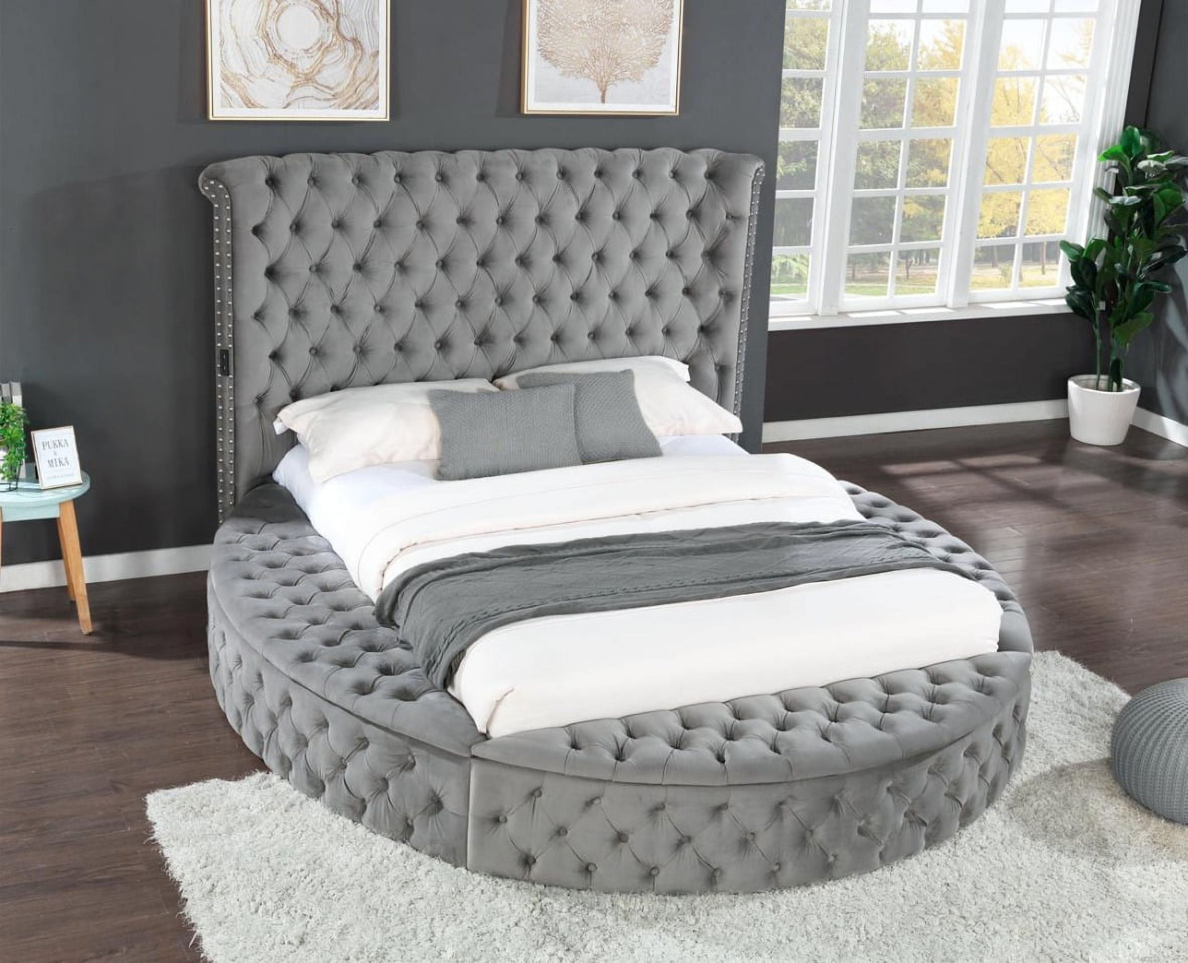 Contemporary Round Shaped Velvet Upholstered Bed, Luxury Queen Bed ...