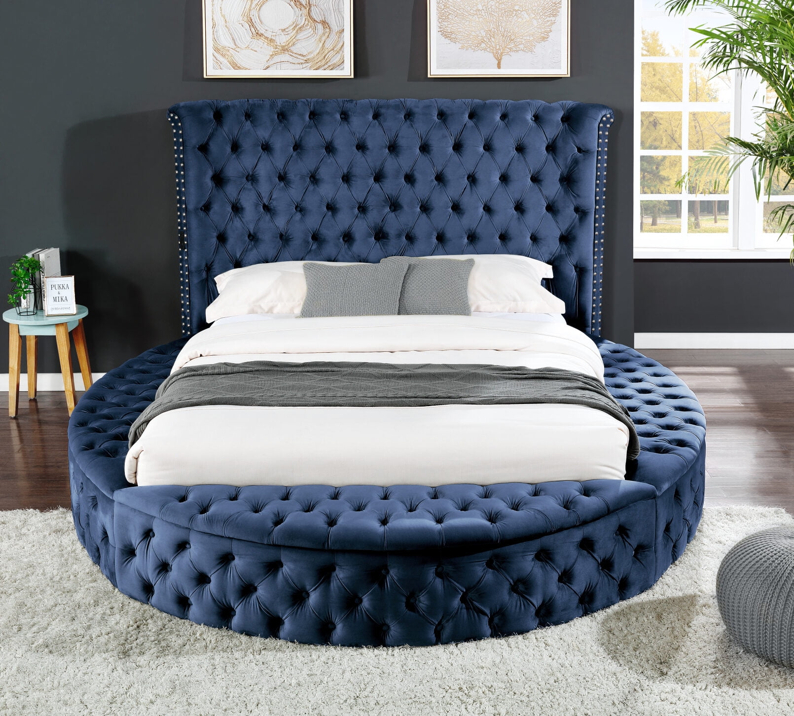 Contemporary Round Shaped Velvet Upholstered Bed, Luxury Queen Bed ...