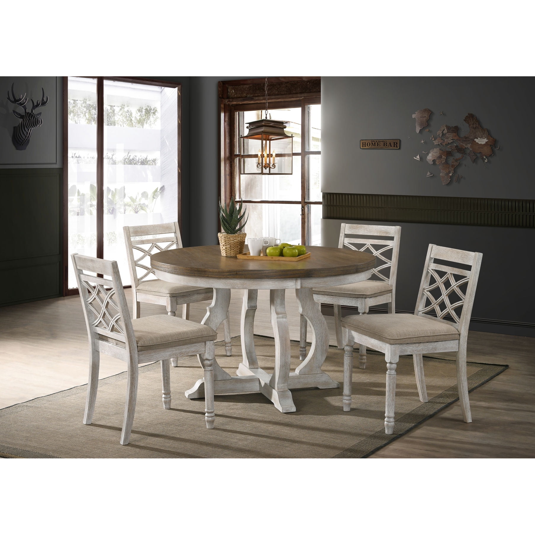 Contemporary Round Table Set | Solid Wood Core | Off White Cushioned ...