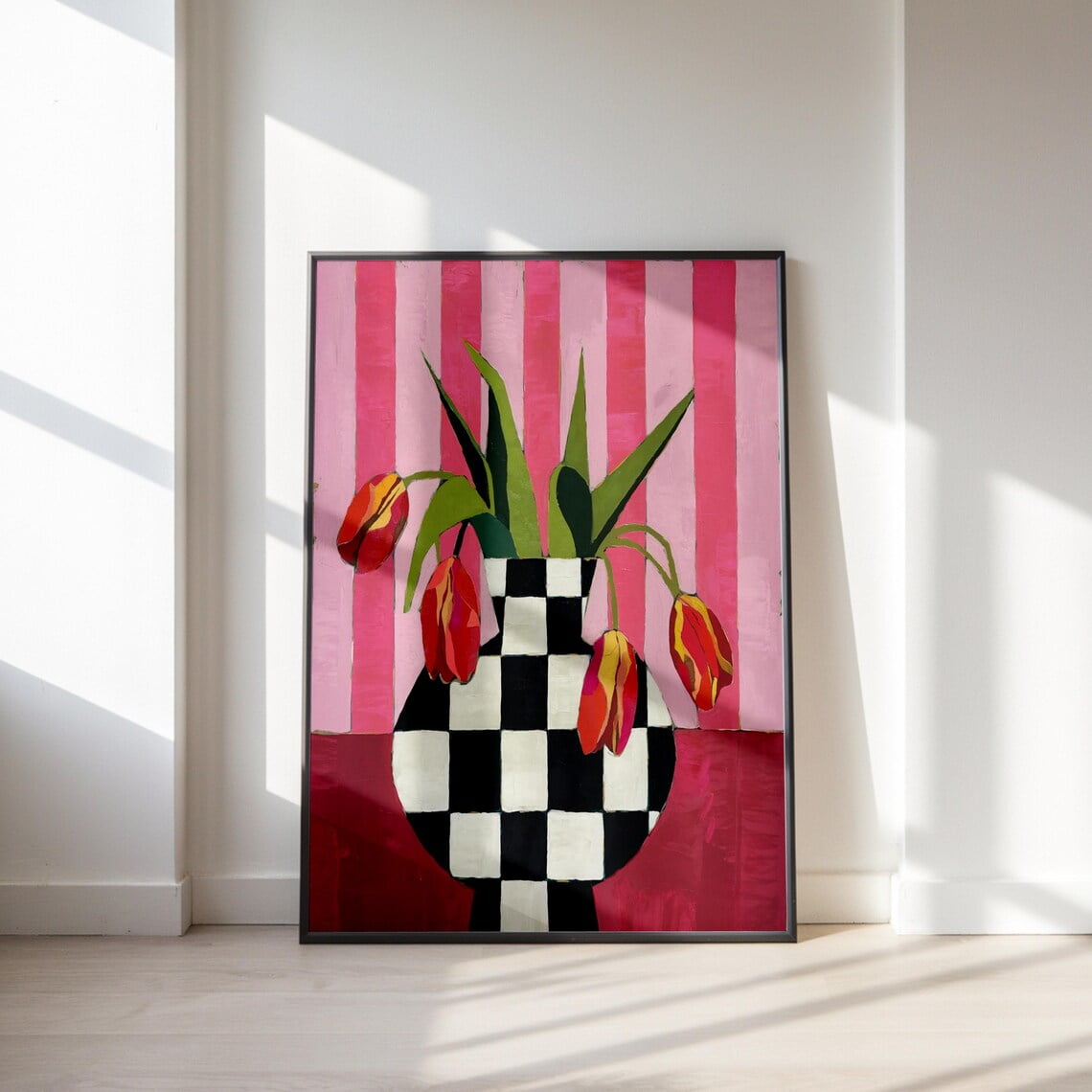 Contemporary, Scandi Modern Checkered Retro Floral Print, Botanical Art ...