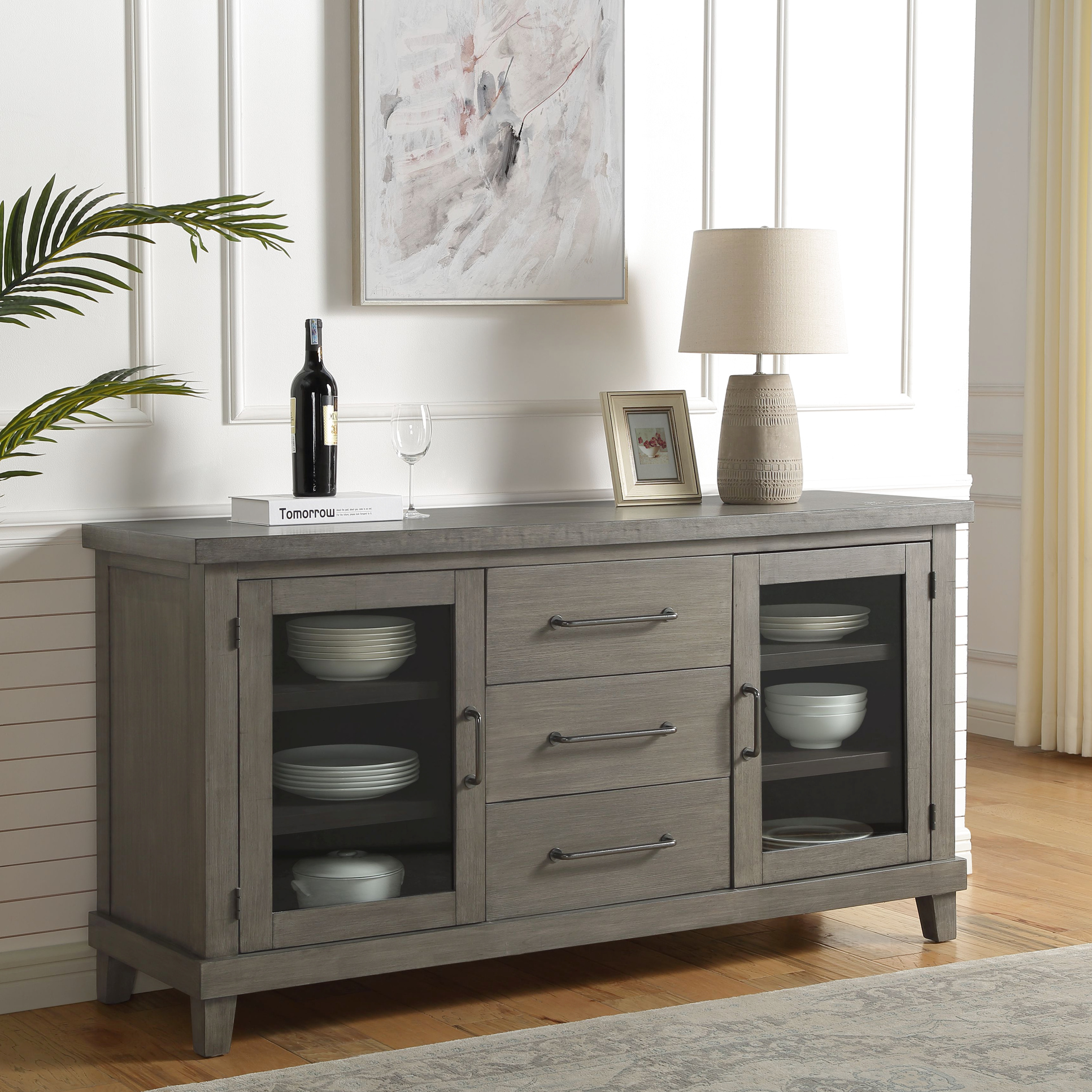 Contemporary Server In Dark Gray Finish - 3 Drawers, 2 Glass Doors ...