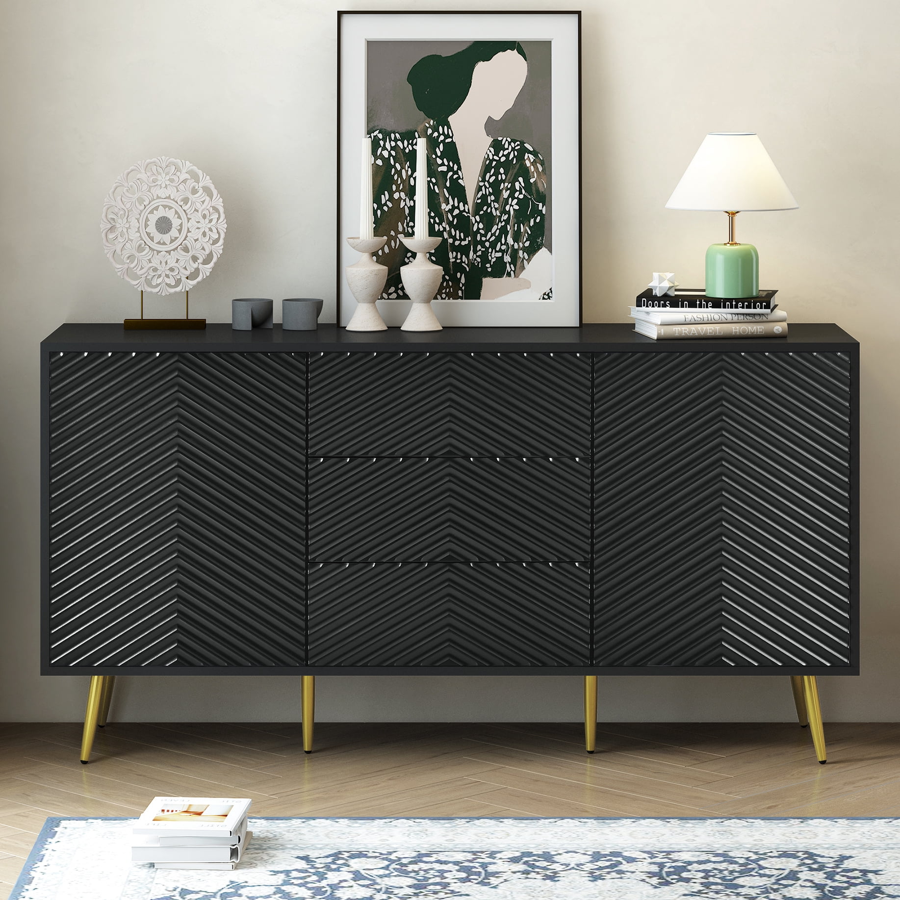 Contemporary Sideboard With Geometric Door Lines, Strong Metal Legs ...