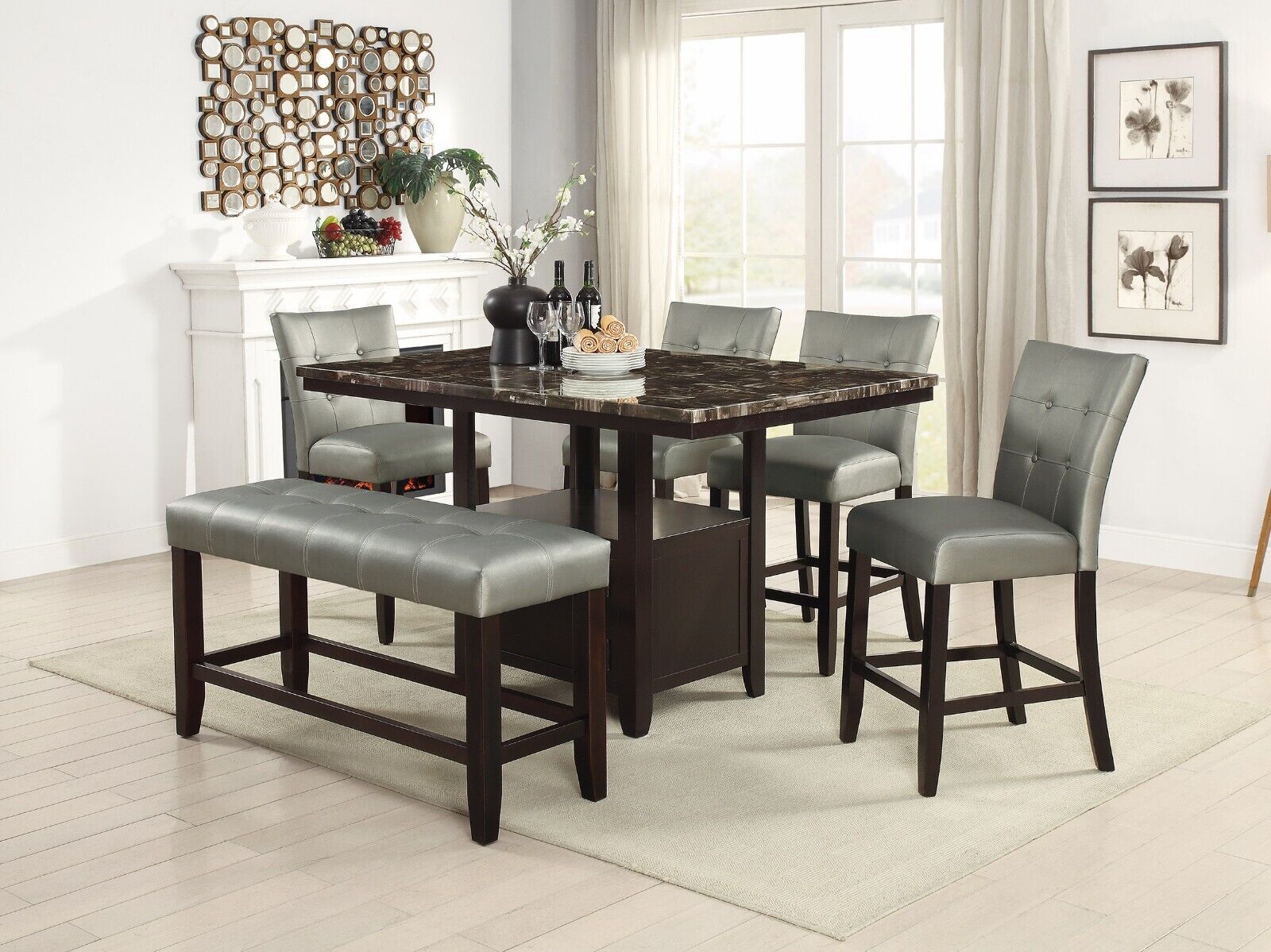 Contemporary Silver Faux Marble Top Counter Height Table w Shelf 4x ...