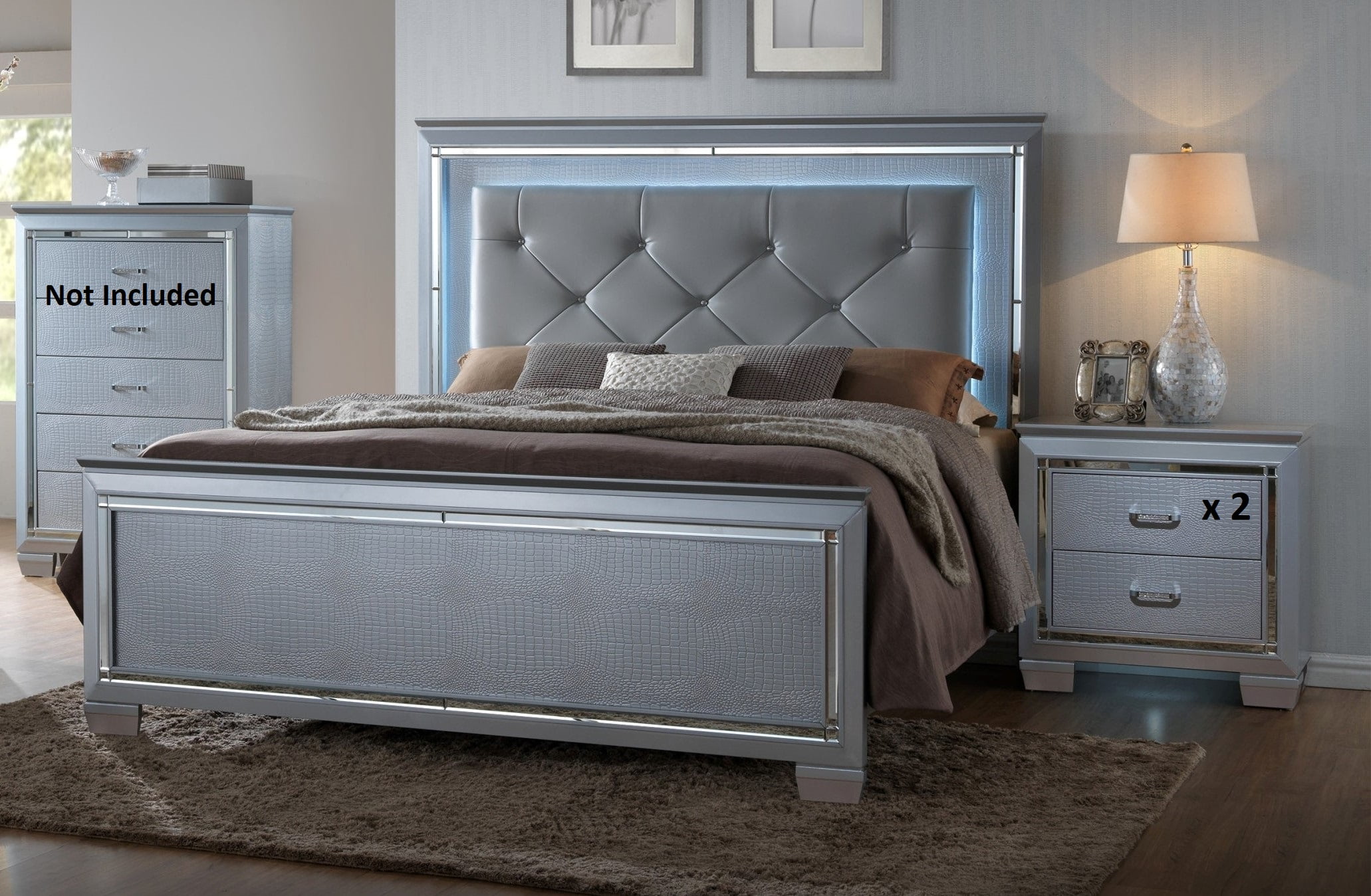 Contemporary Silver Finish 3pc King Size LED Backlit Upholstered HB Bed ...