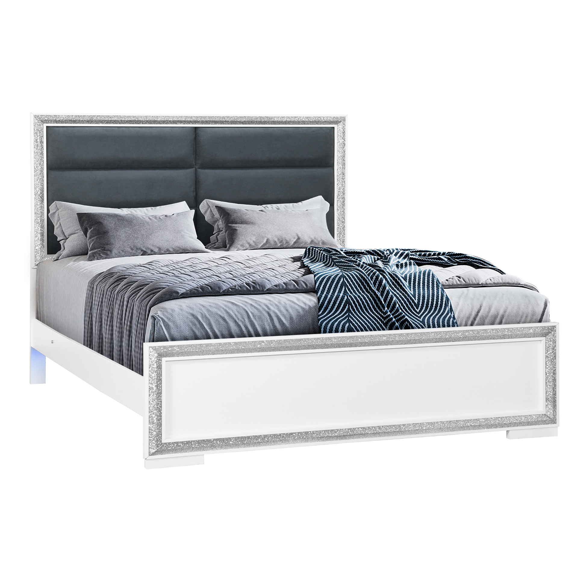Contemporary Silver Queen Bed With Led Lighting & Padded Headboard ...