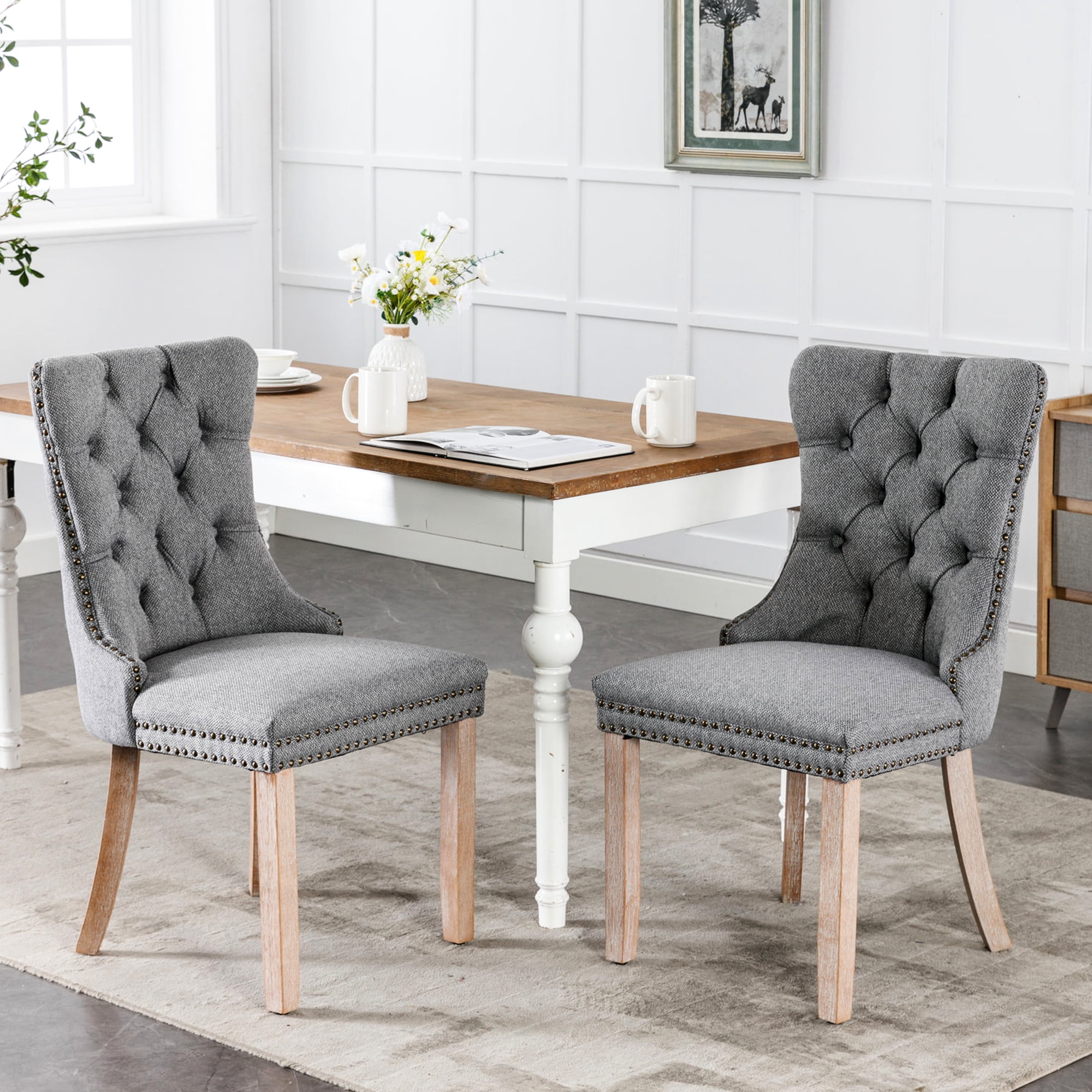 Contemporary Solid Wood Dining Chair In Gray Linen With Handmade ...