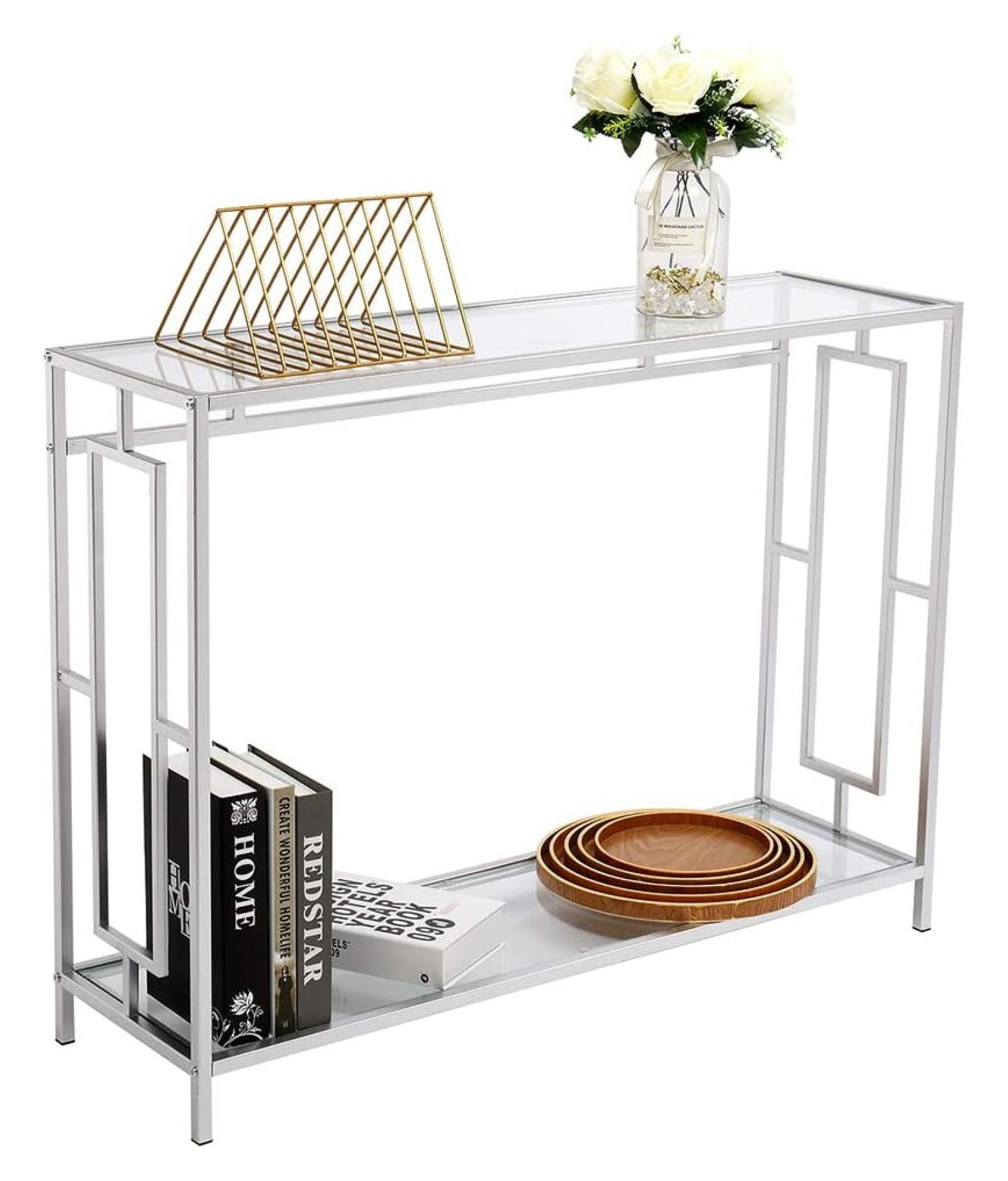 Contemporary Style 2 Tier Metal & Glass Console Table, 40" Long Accent ...