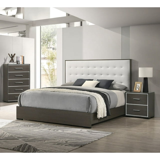 Contemporary Style 3pc Queen Size Brown Finish Gray Upholstered Bed ...