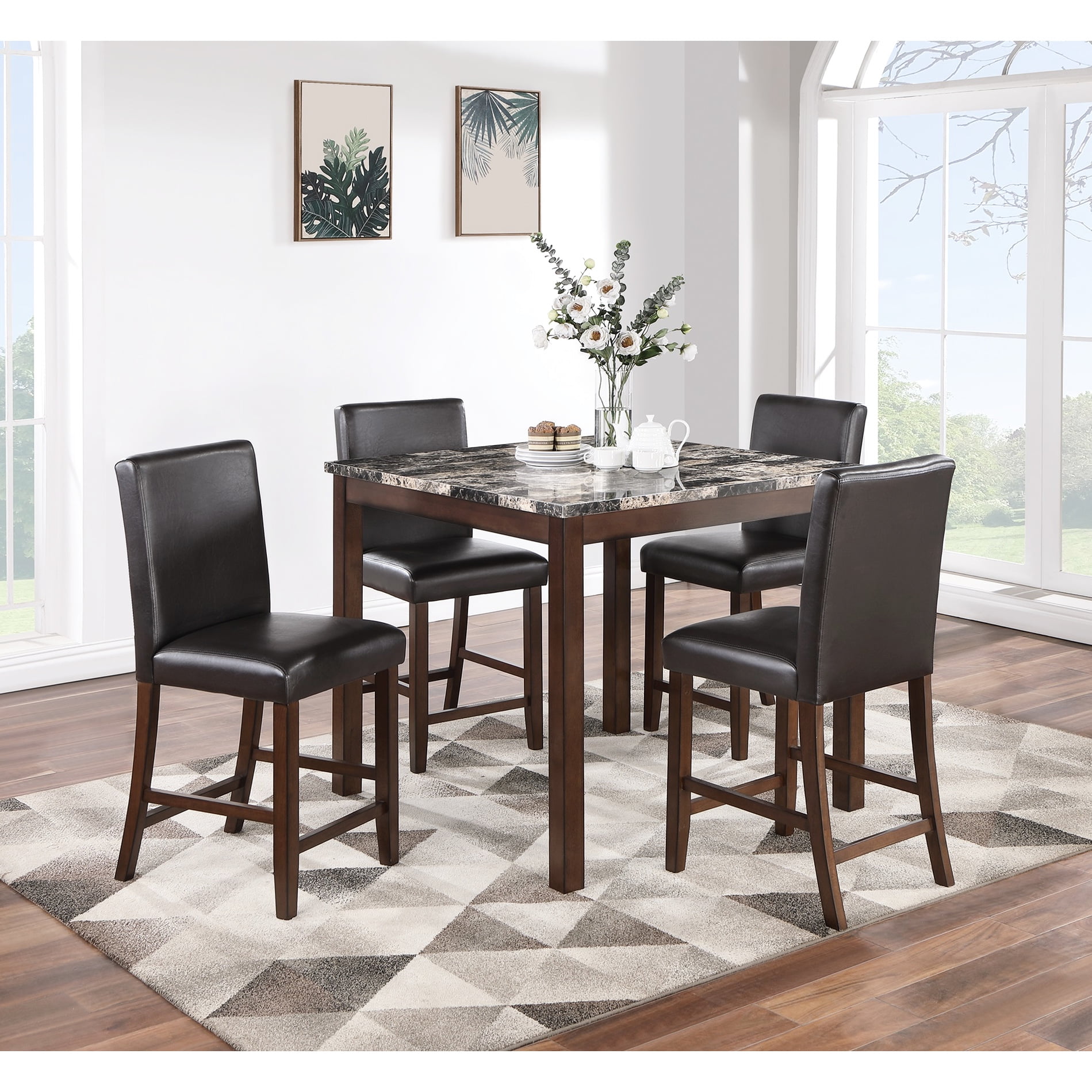Contemporary Style 5pc Counter Height Dining , Faux Marble Table And 4 ...