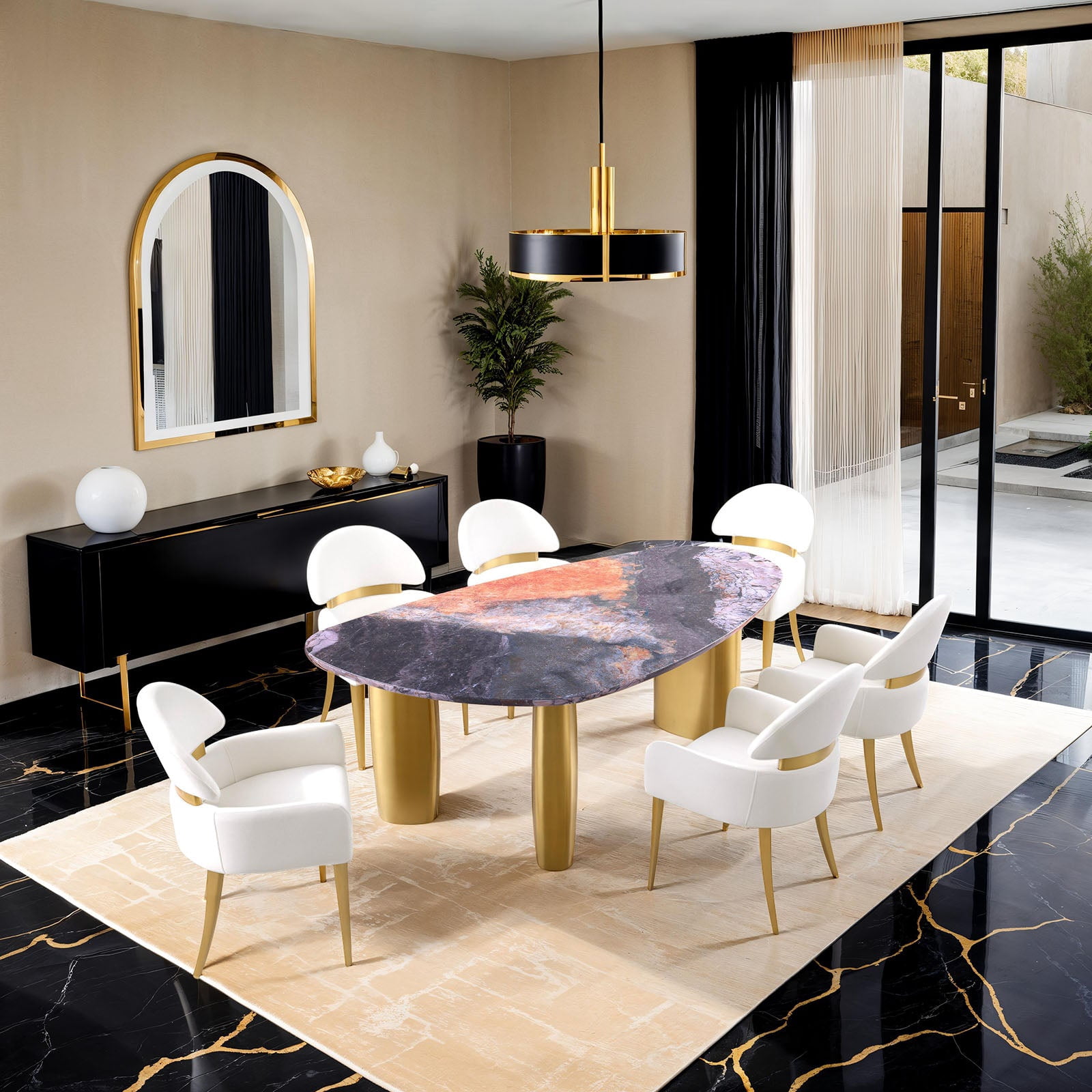 Contemporary Style 7pc Dining Table Set Stone Top Upholstered Chaies ...
