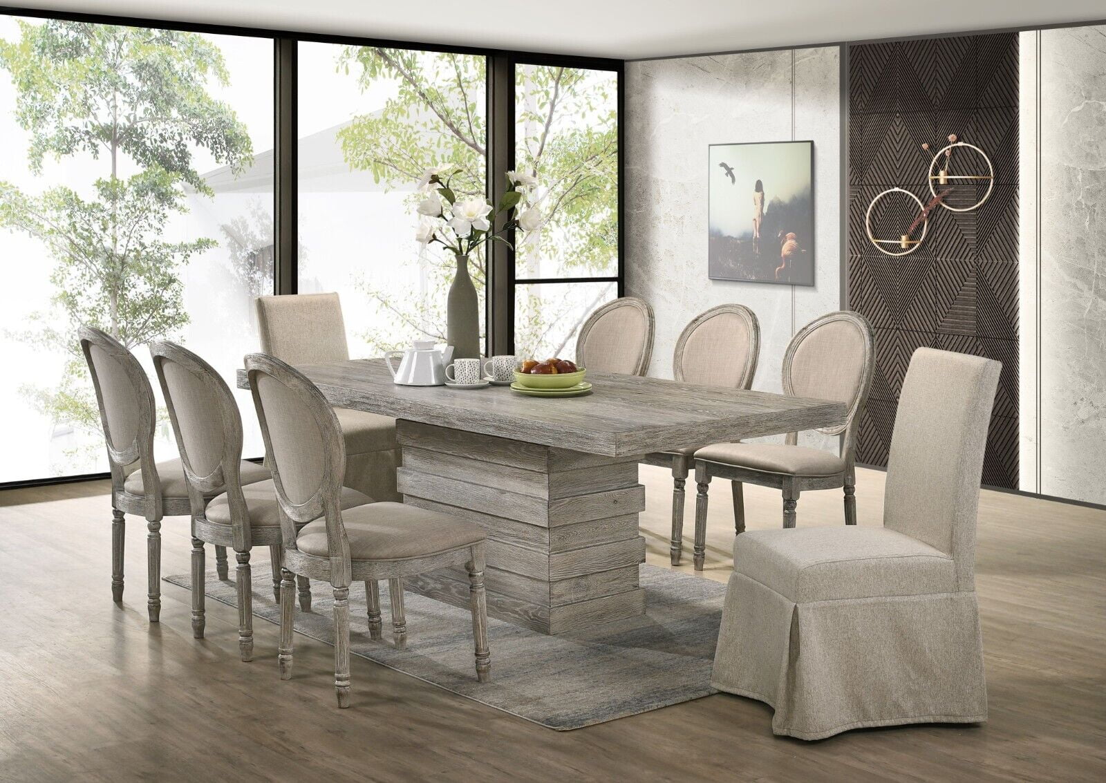 Contemporary Style 9pc Dining Set Table 8 Side Chairs Light Oak Finish ...