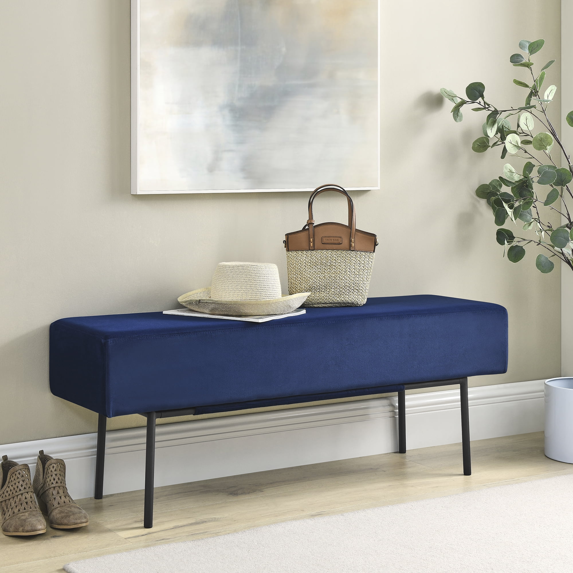 Contemporary Style Bedroom Velvet Upholstered Bench, Blue,( 45'' x13''x ...