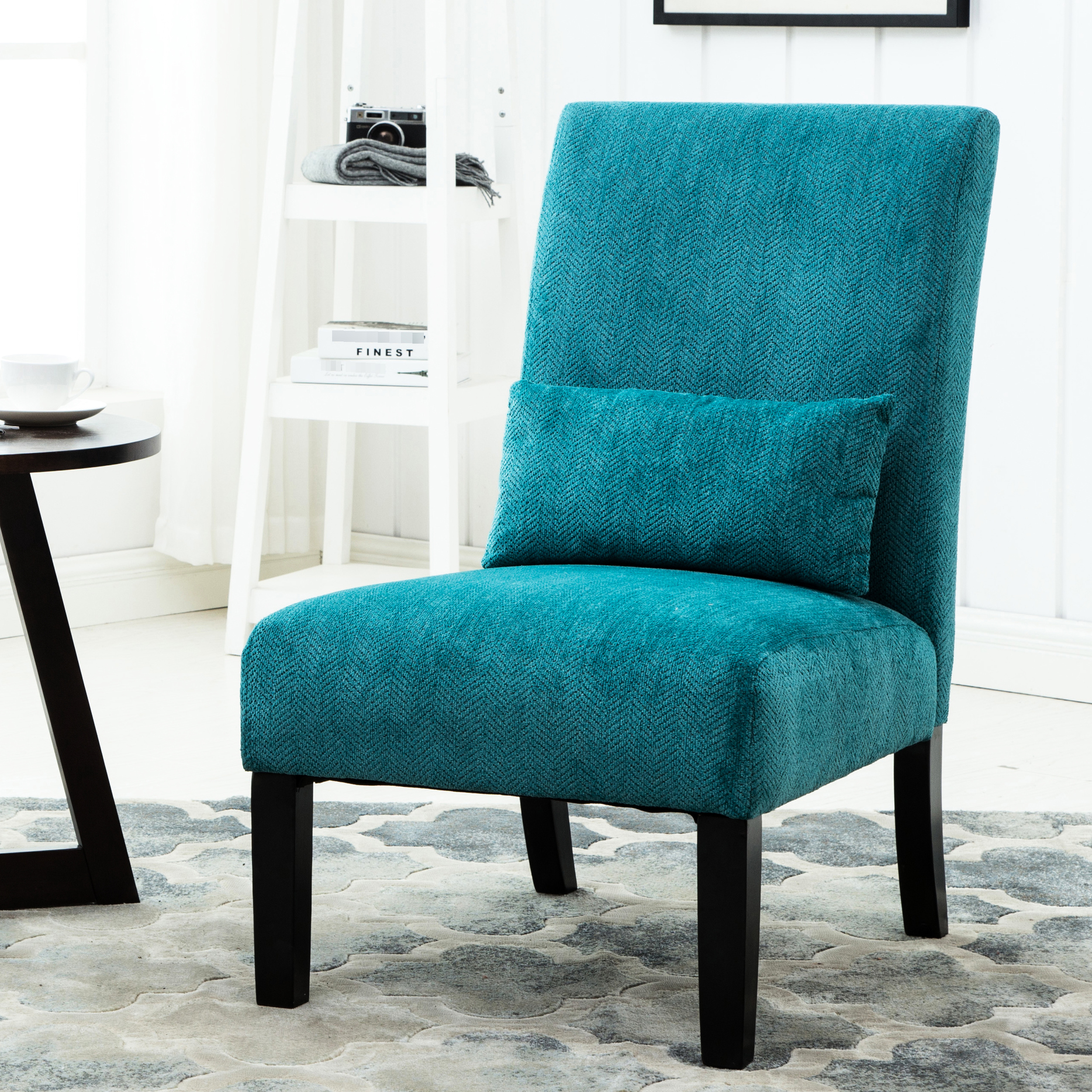 Contemporary Style Chenille Fabric Chair With Teal Blue Pillow Chair ...