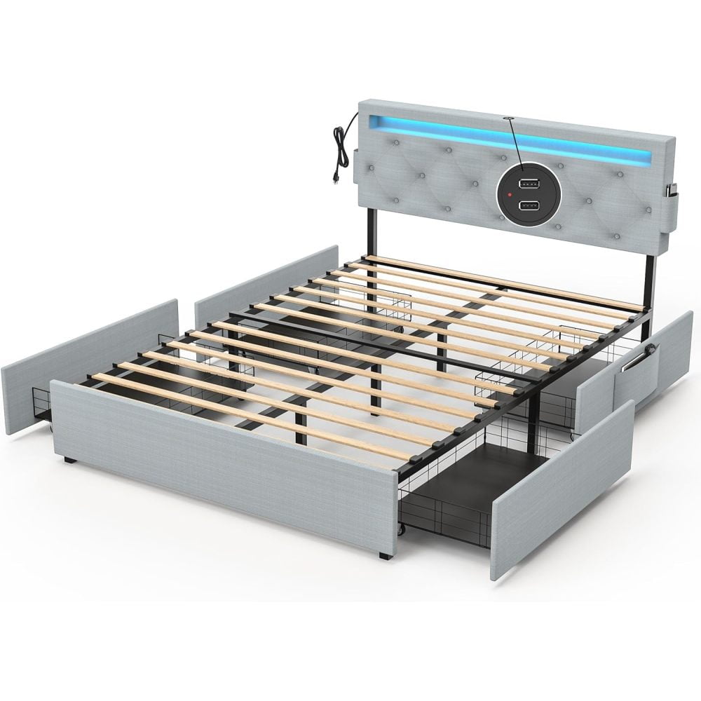 Contemporary Style Full Bed Frame with USB Charging Station & LED ...