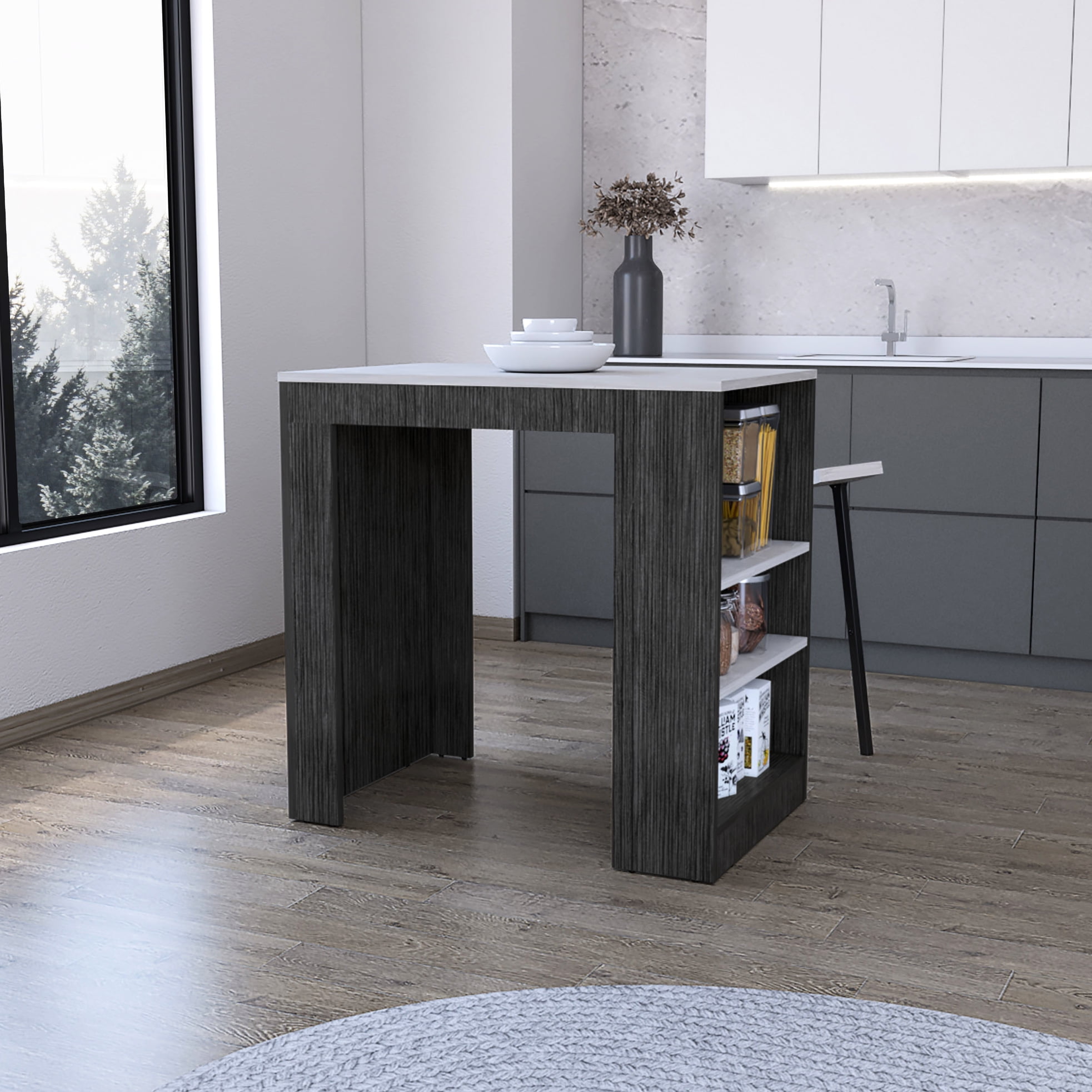 Contemporary Style Kitchen Island With Counter Height Prep Area And 3 Shelves, For Use Table 3 ...